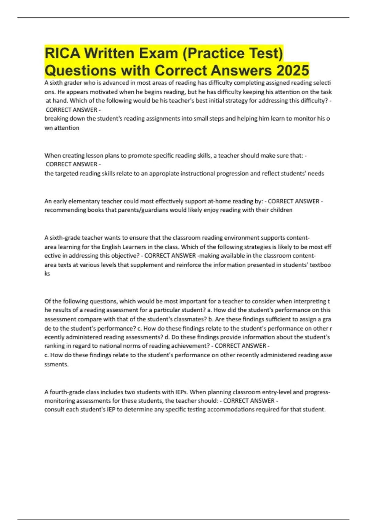 RICA Written Exam (Practice Test) Questions with Correct Answers 2025 ...