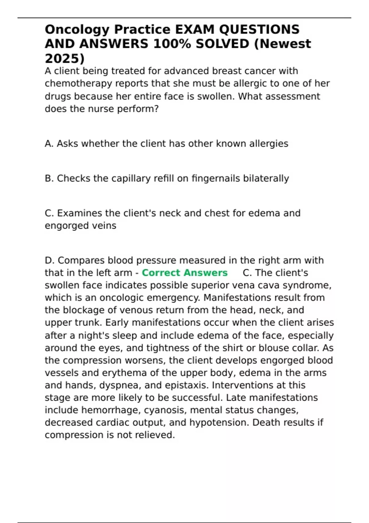 Summary Oncology Practice EXAM QUESTIONS AND ANSWERS 100- SOLVED ...