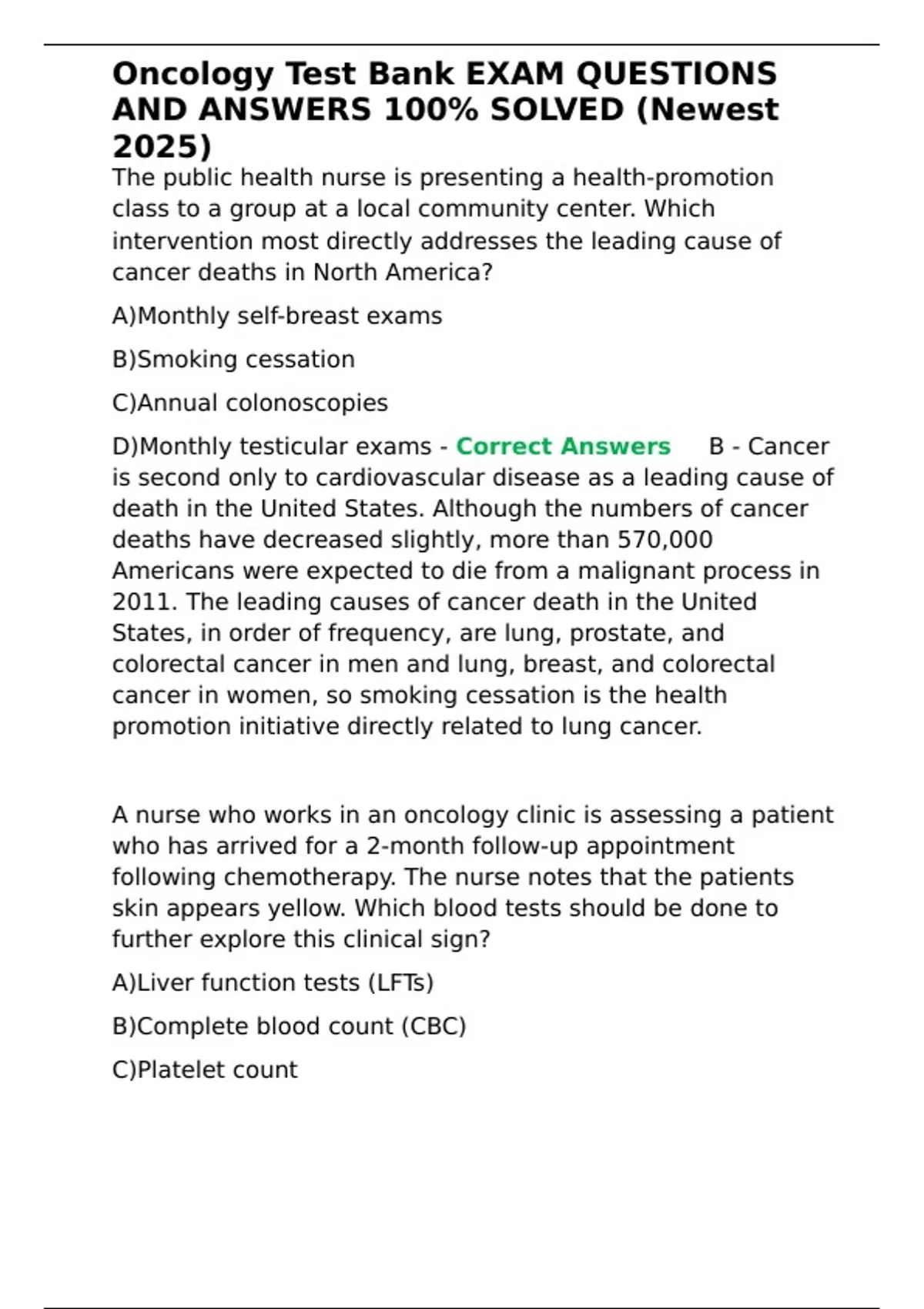 Oncology Test Bank EXAM QUESTIONS AND ANSWERS 100- SOLVED (Newest 2025 ...