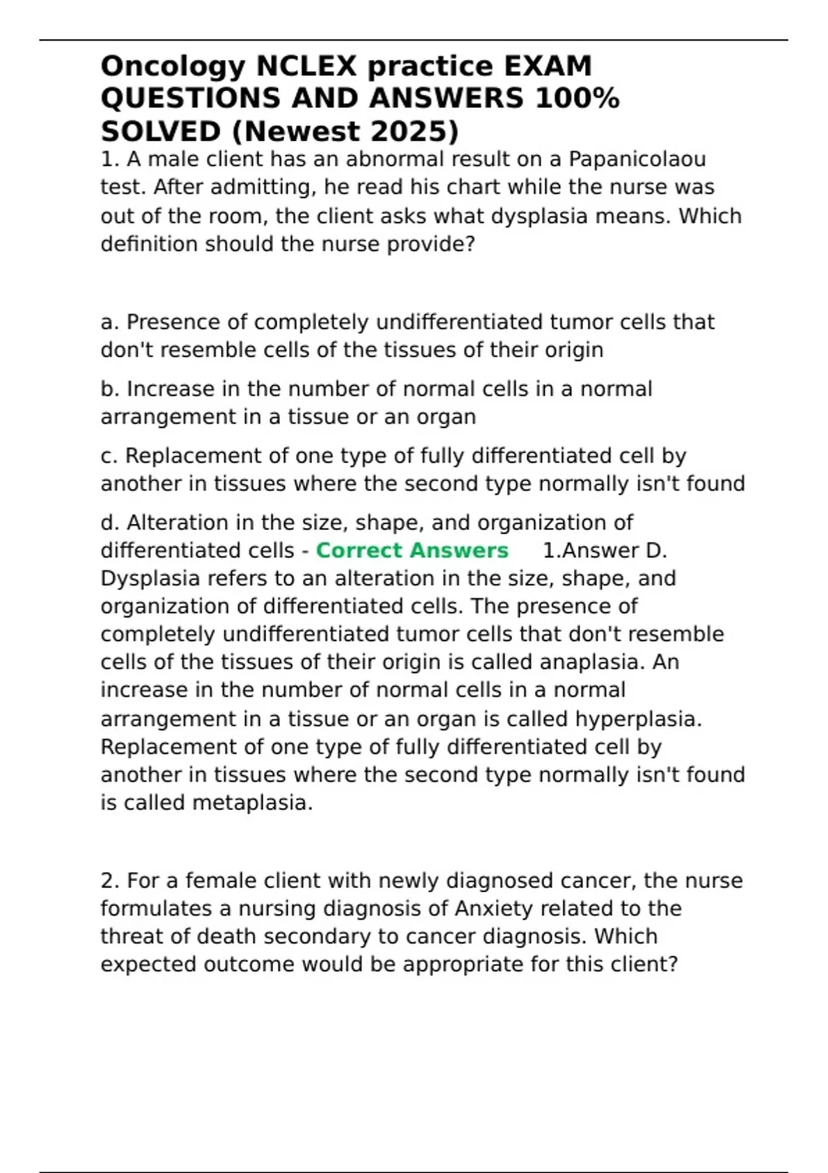 Oncology NCLEX practice EXAM QUESTIONS AND ANSWERS 100- SOLVED (Newest ...