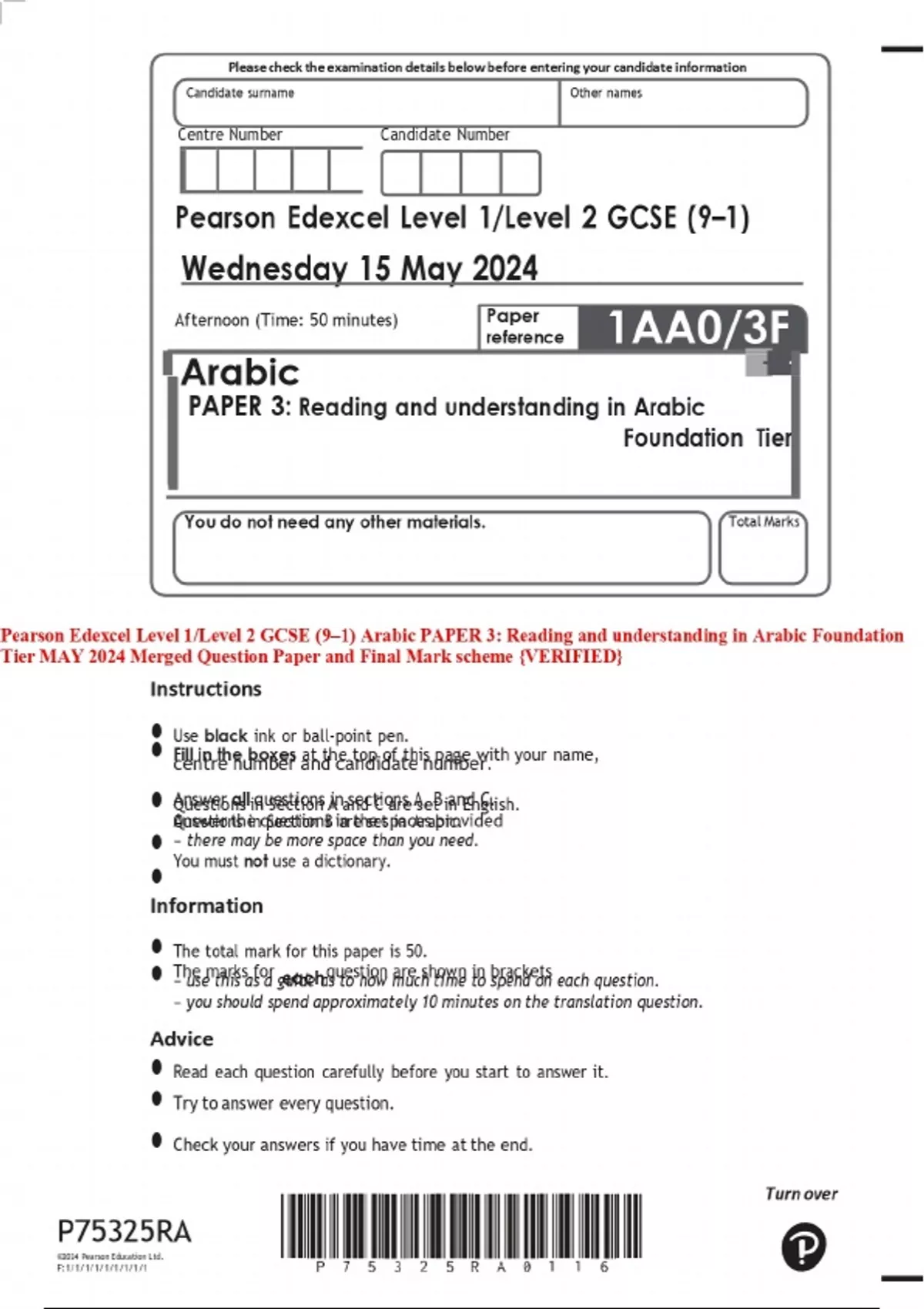 Pearson Edexcel Level 1/Level 2 GCSE (9–1) Arabic PAPER 3: Reading and ...