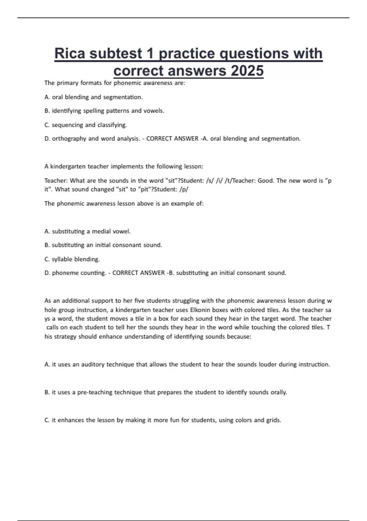 Rica subtest 1 practice questions with correct answers 2025 - RICA ...