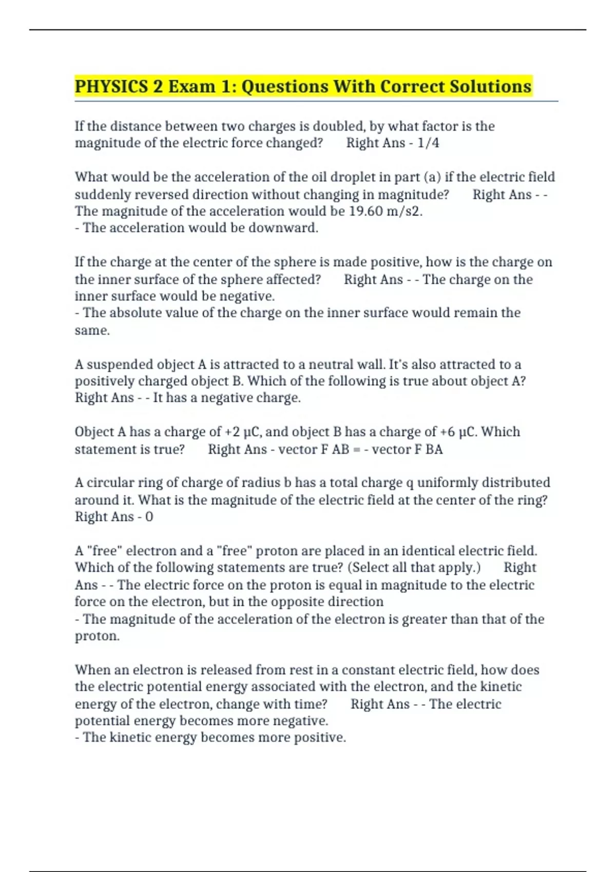 PHYSICS 2 Exam 1: Questions With Correct Solutions - PHYS 481 - Stuvia US