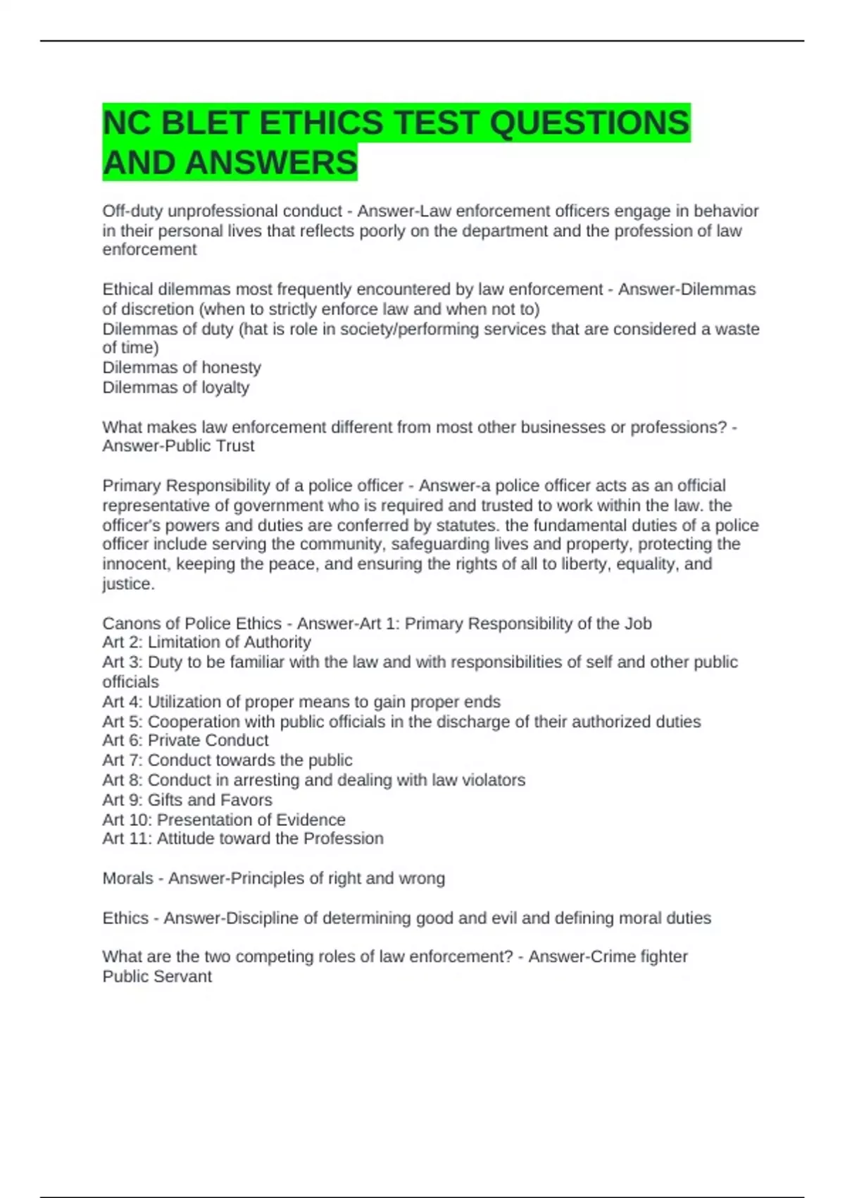 NC BLET ETHICS TEST QUESTIONS AND ANSWERS - NC BLET - Stuvia US