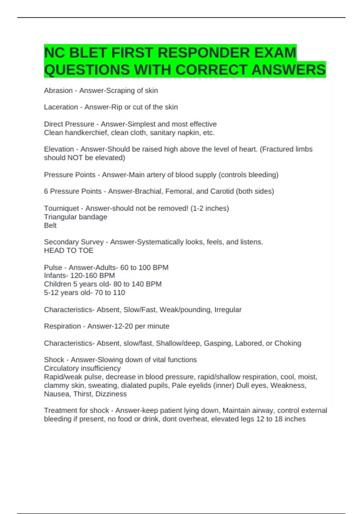 NC BLET FIRST RESPONDER EXAM QUESTIONS WITH CORRECT ANSWERS - NC BLET ...