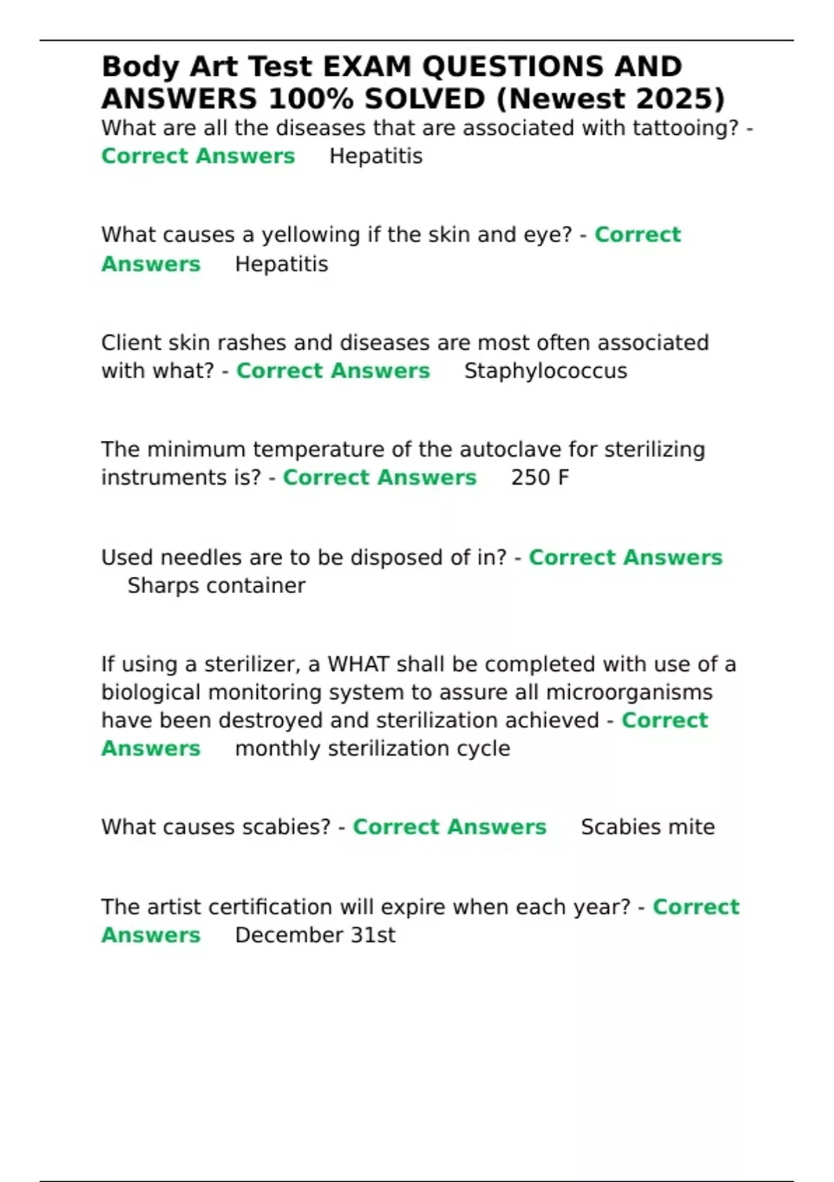 Body Art Test EXAM QUESTIONS AND ANSWERS 100- SOLVED (Newest 2025 ...