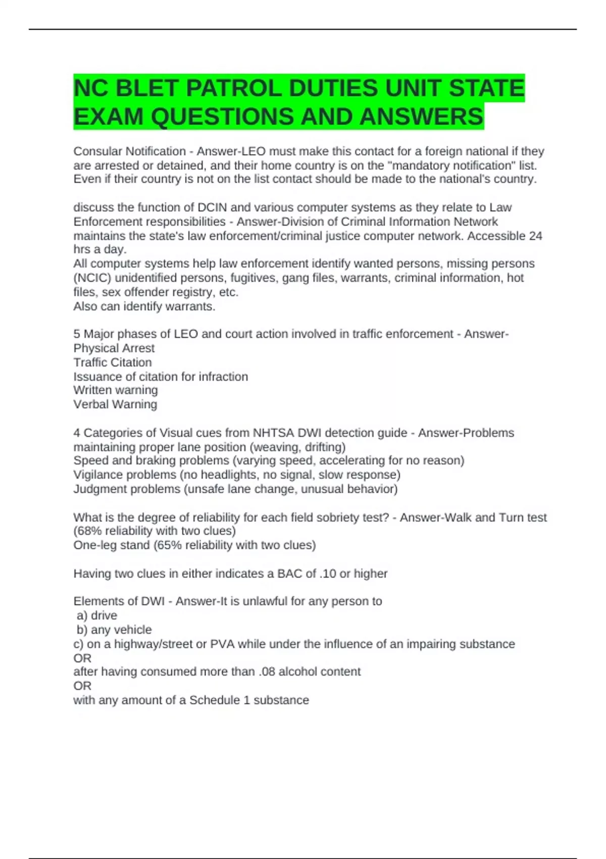 NC BLET PATROL DUTIES UNIT STATE EXAM QUESTIONS AND ANSWERS - NC BLET ...