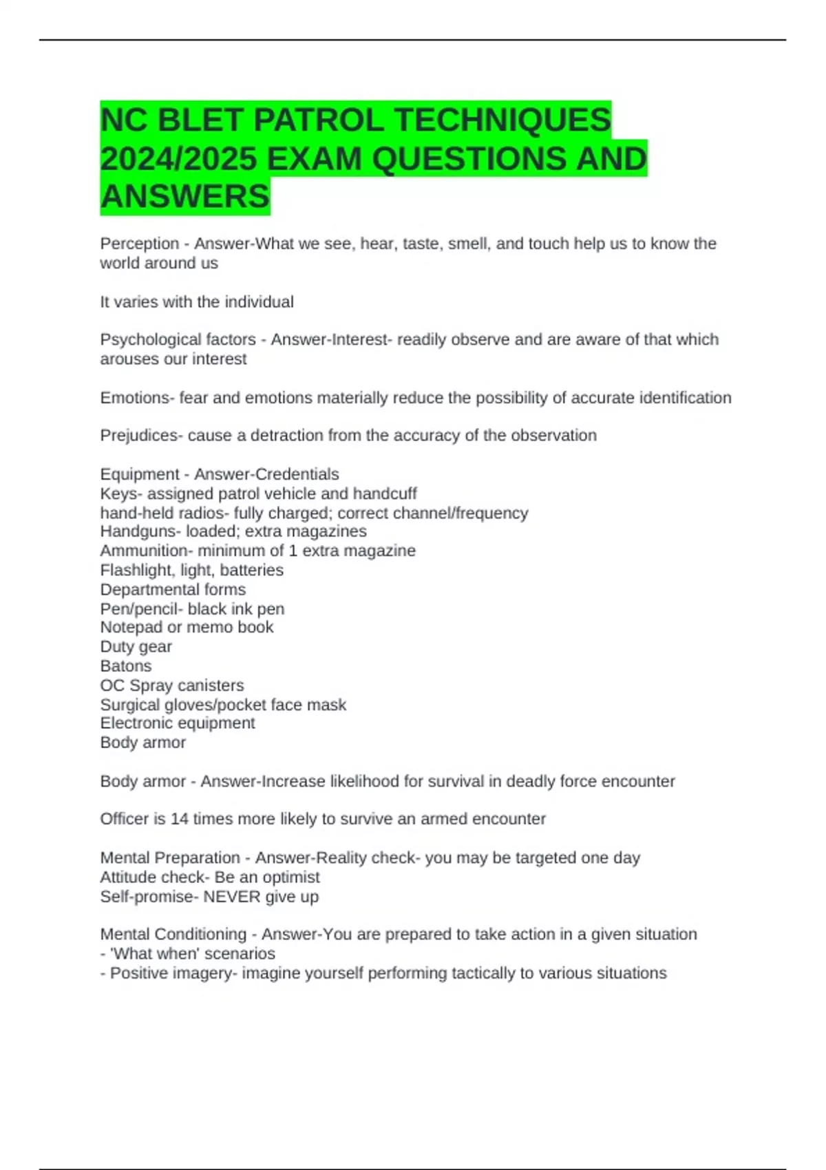 NC BLET PATROL TECHNIQUES 2024/2025 EXAM QUESTIONS AND ANSWERS - NC ...