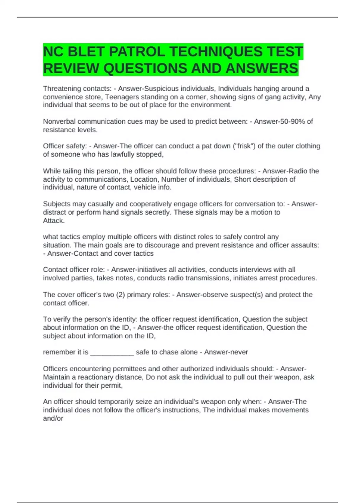 NC BLET PATROL TECHNIQUES TEST REVIEW QUESTIONS AND ANSWERS - NC BLET ...