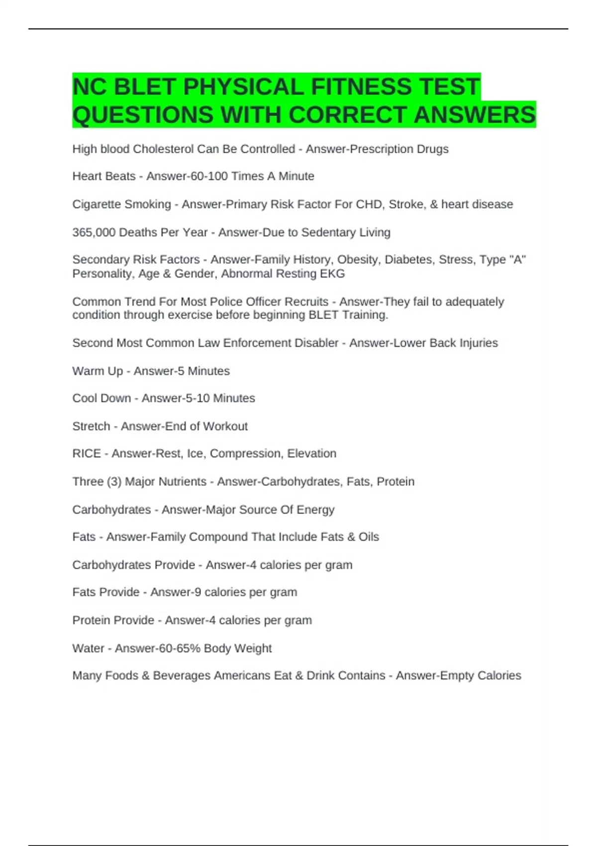 NC BLET PHYSICAL FITNESS TEST QUESTIONS WITH CORRECT ANSWERS - NC BLET ...