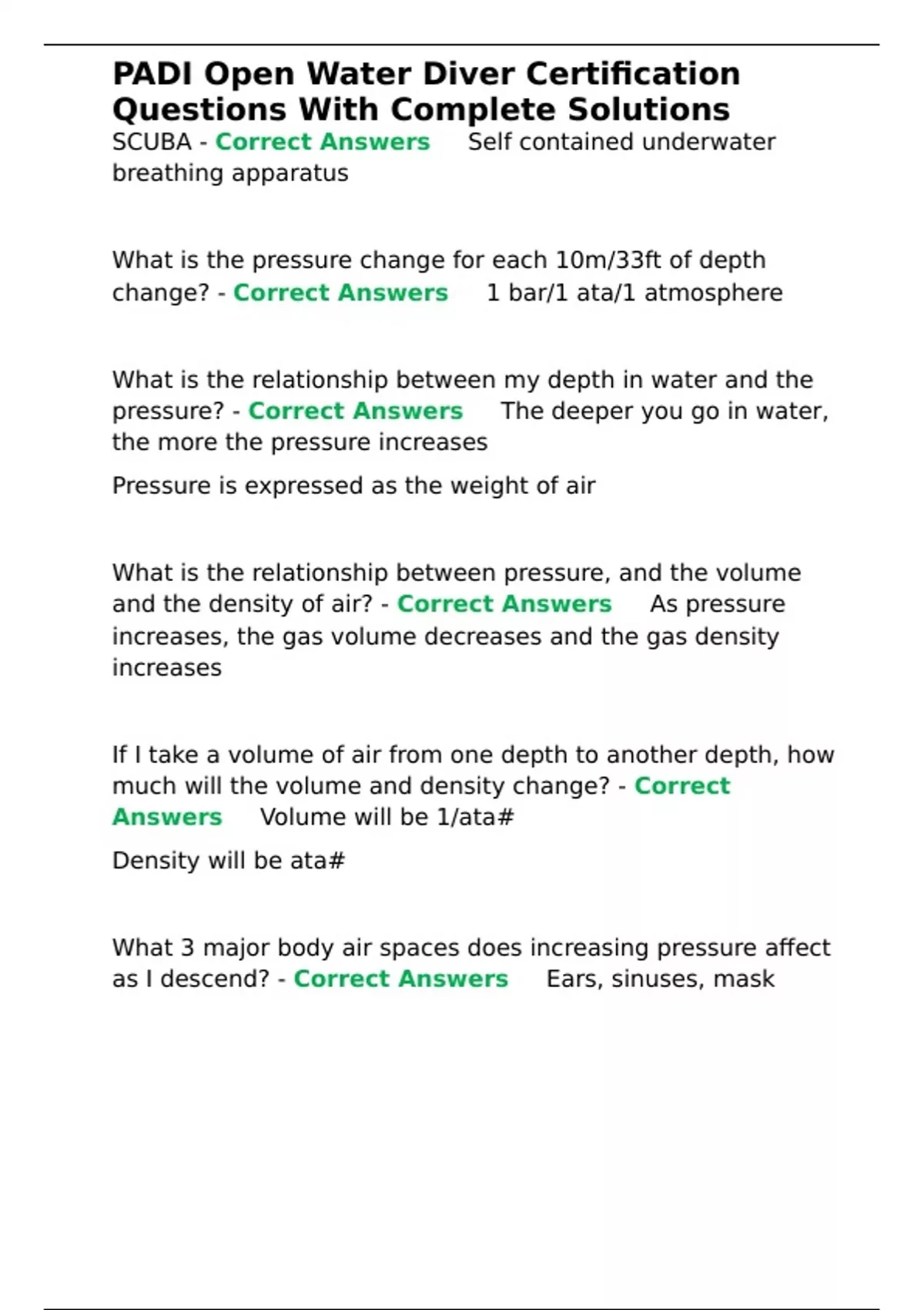 PADI Open Water Diver Certification Questions With Complete Solutions ...