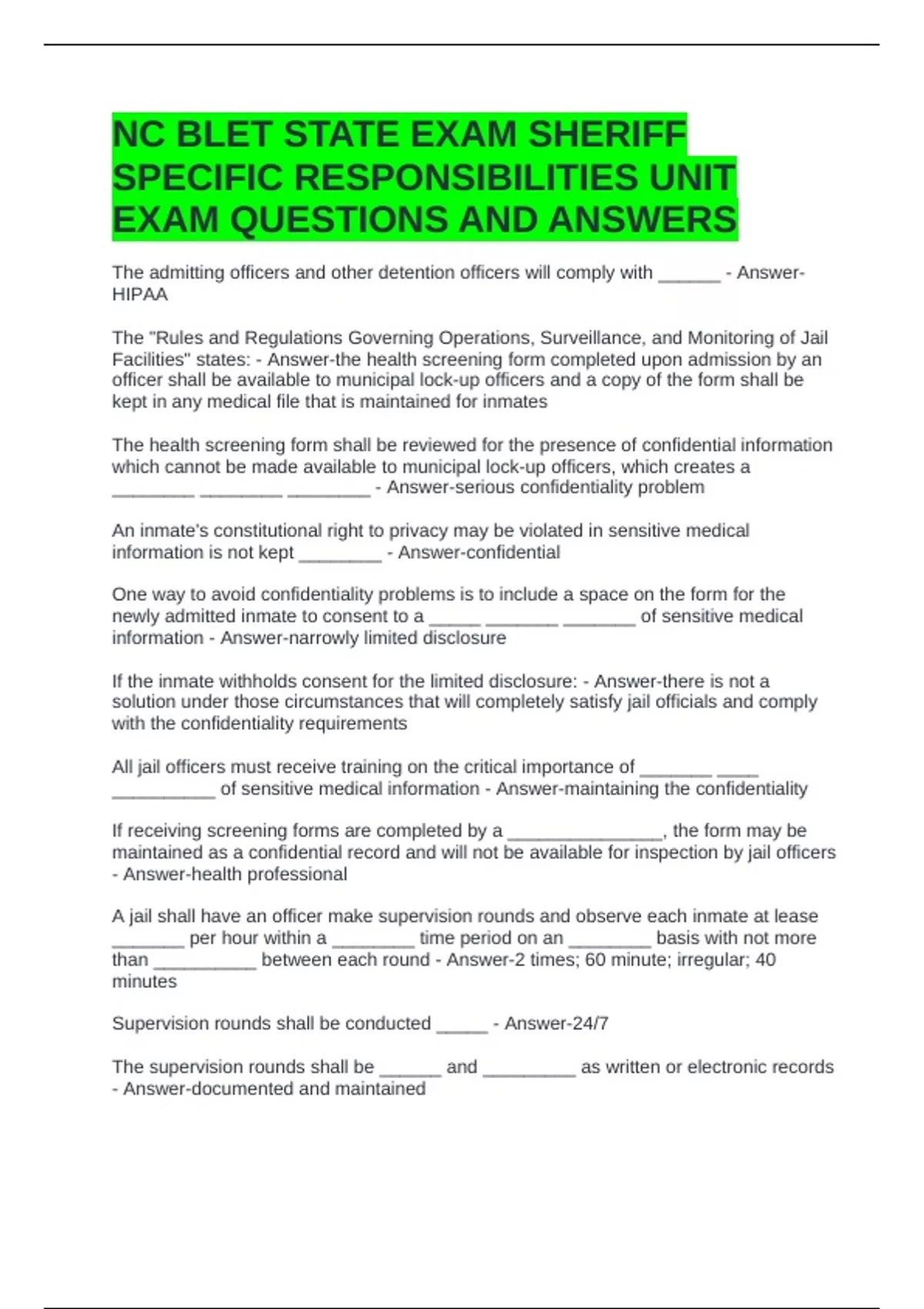 NC BLET STATE EXAM SHERIFF SPECIFIC RESPONSIBILITIES UNIT EXAM ...