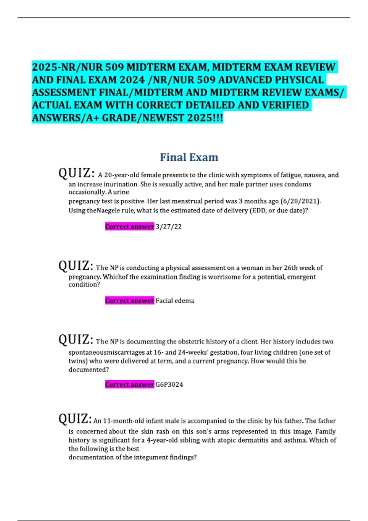2025-NR/NUR 509 MIDTERM EXAM, MIDTERM EXAM REVIEW AND FINAL EXAM 2024 /NR/NUR 509 ADVANCED ...