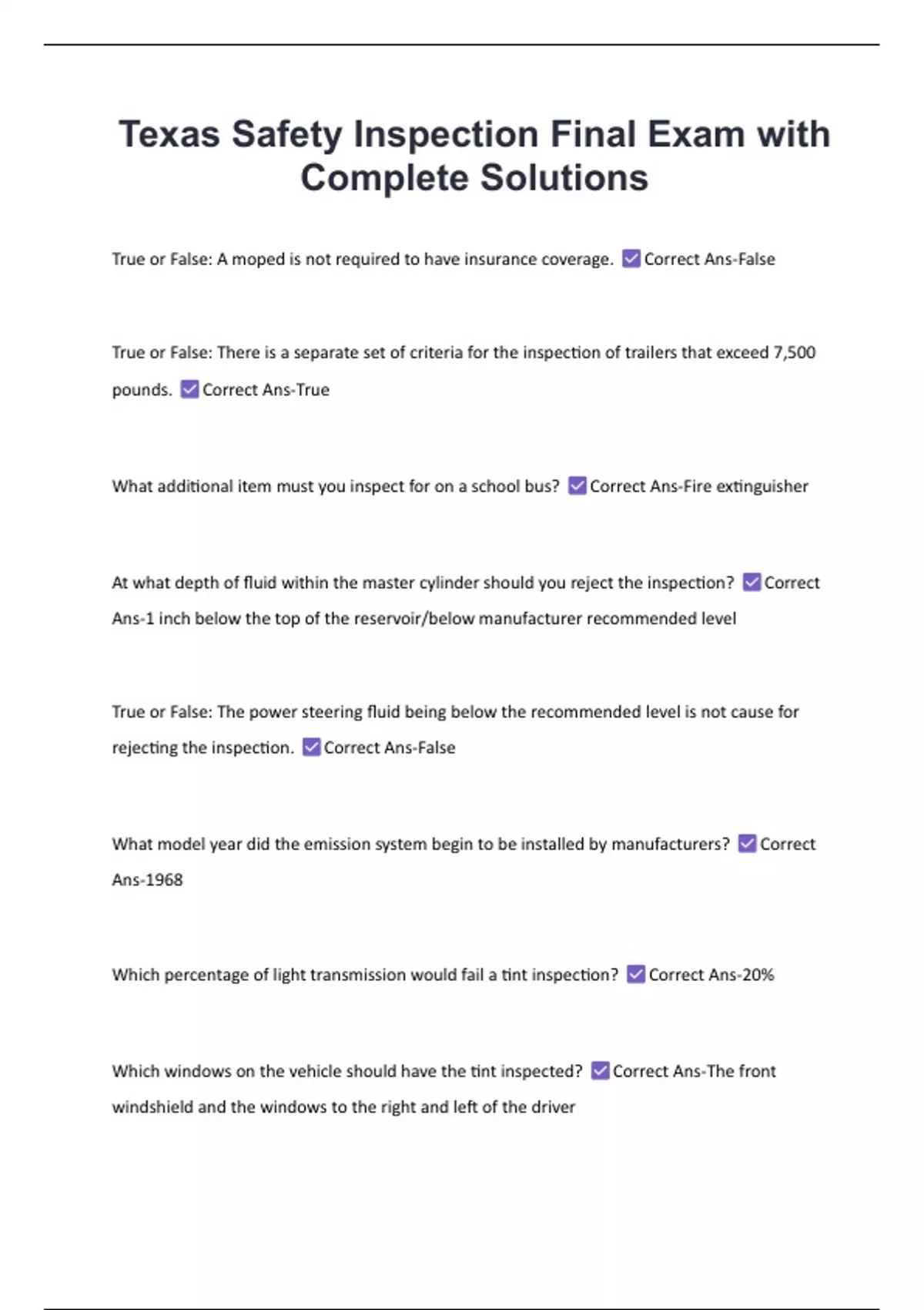 Texas Safety Inspection Final Exam with Complete Solutions - Texas pest ...