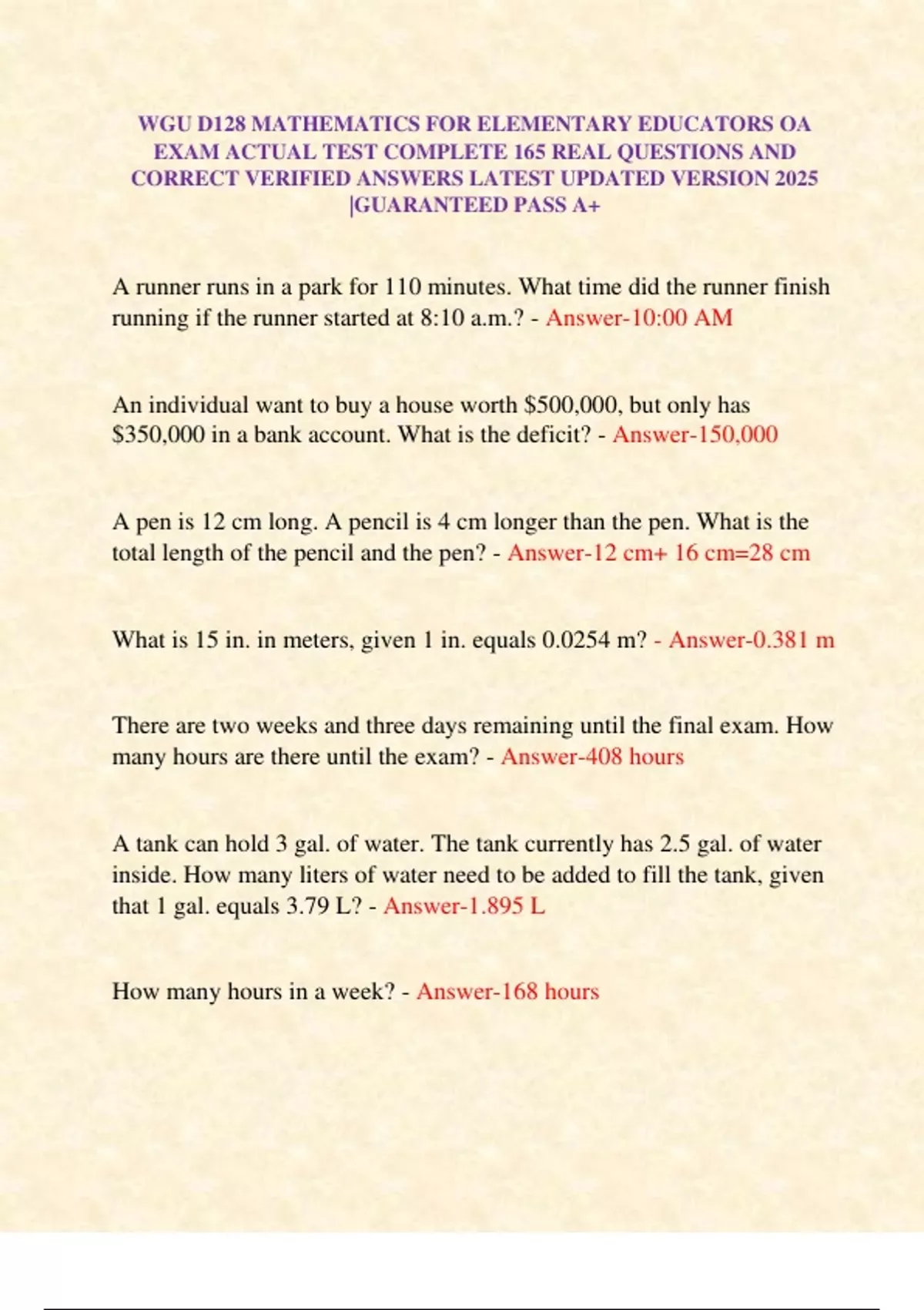 WGU D128 MATHEMATICS FOR ELEMENTARY EDUCATORS OA EXAM ACTUAL TEST ...