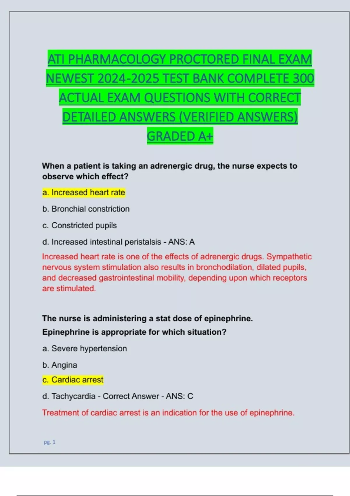 ATI PHARMACOLOGY PROCTORED FINAL EXAM NEWEST TEST BANK COMPLETE 300 ...