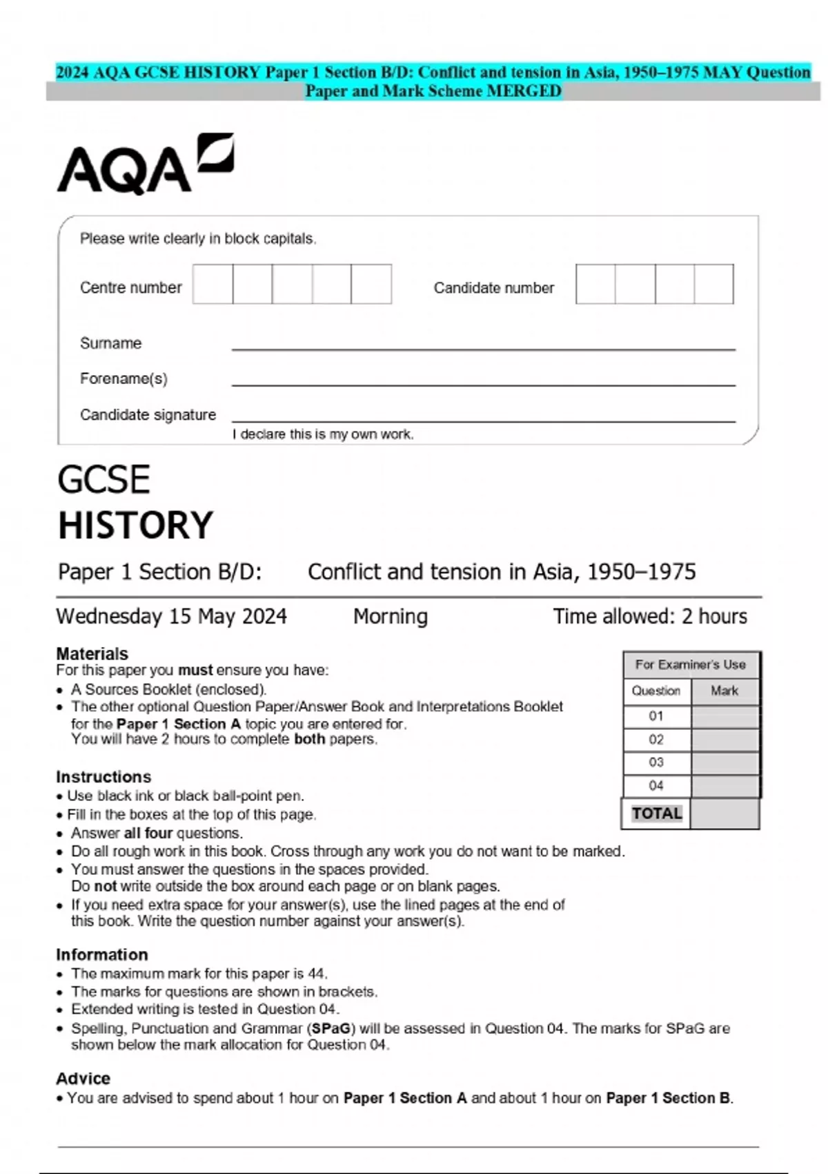 2024 AQA GCSE HISTORY Paper 1 Section B/D: Conflict and tension in Asia ...