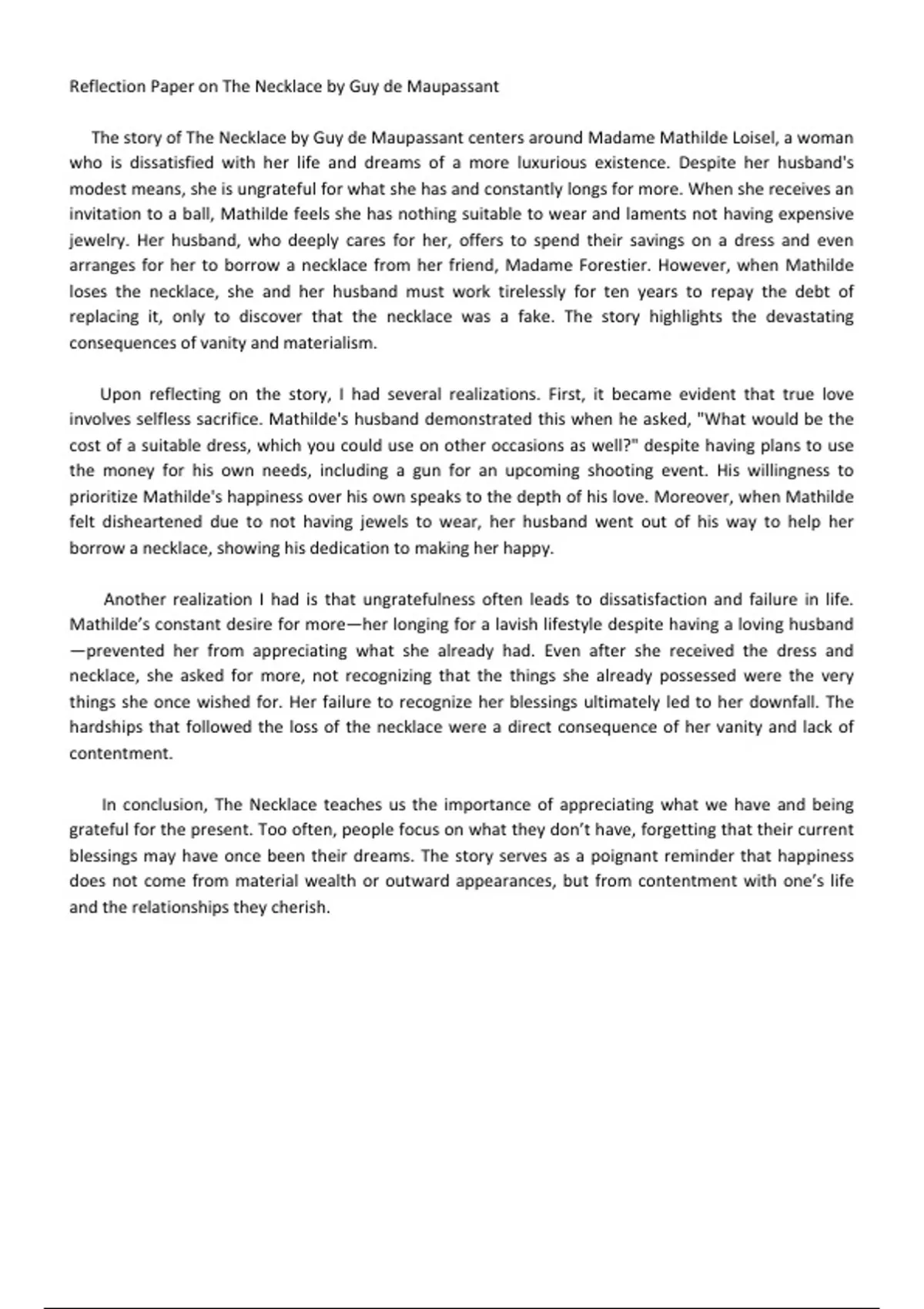 Book review Reflection Paper The Necklace - Reflection Paper - Stuvia US