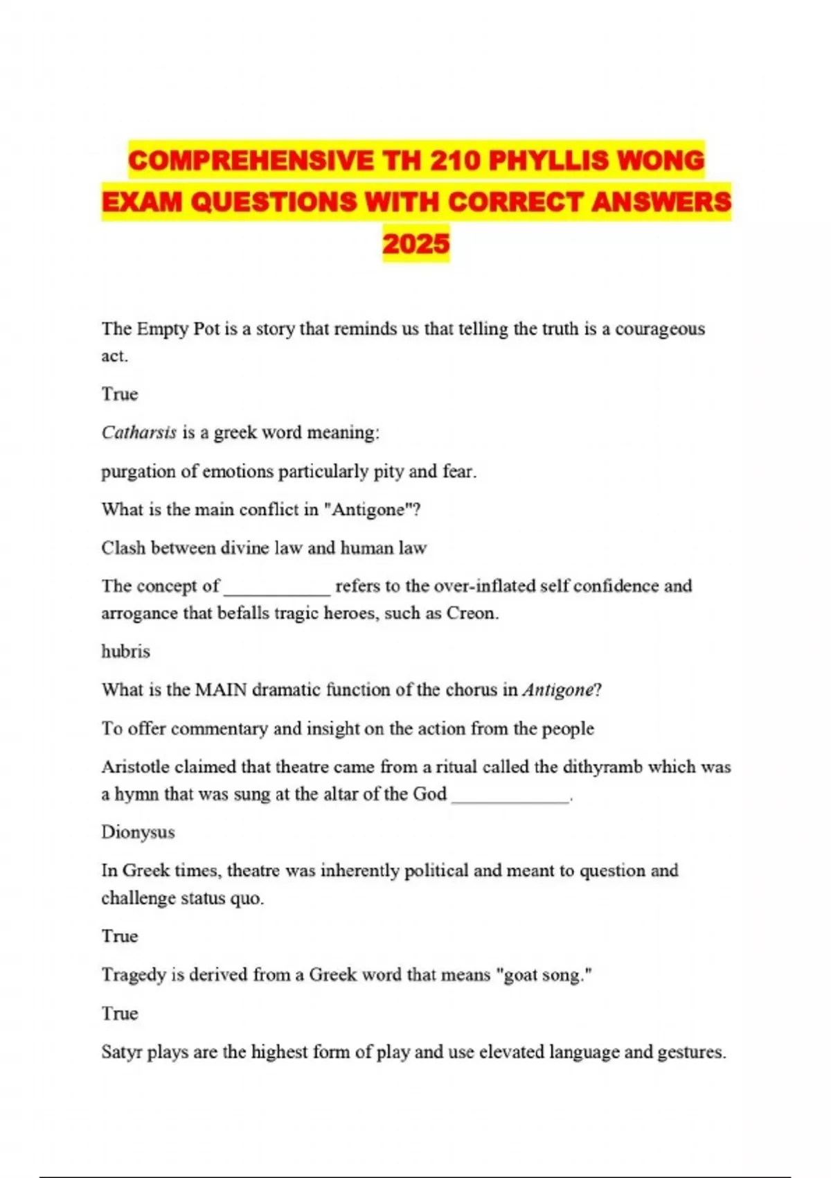 COMPREHENSIVE TH 210 PHYLLIS WONG EXAM QUESTIONS WITH CORRECT ANSWERS ...