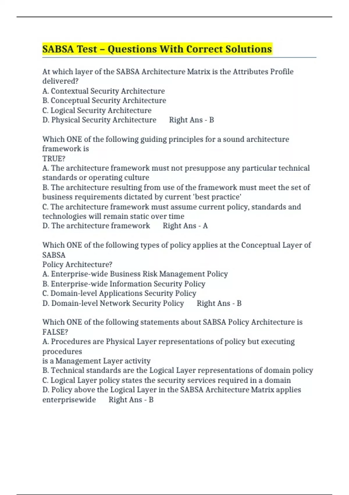 SABSA Test – Questions With Correct Solutions - SABSA - Stuvia US