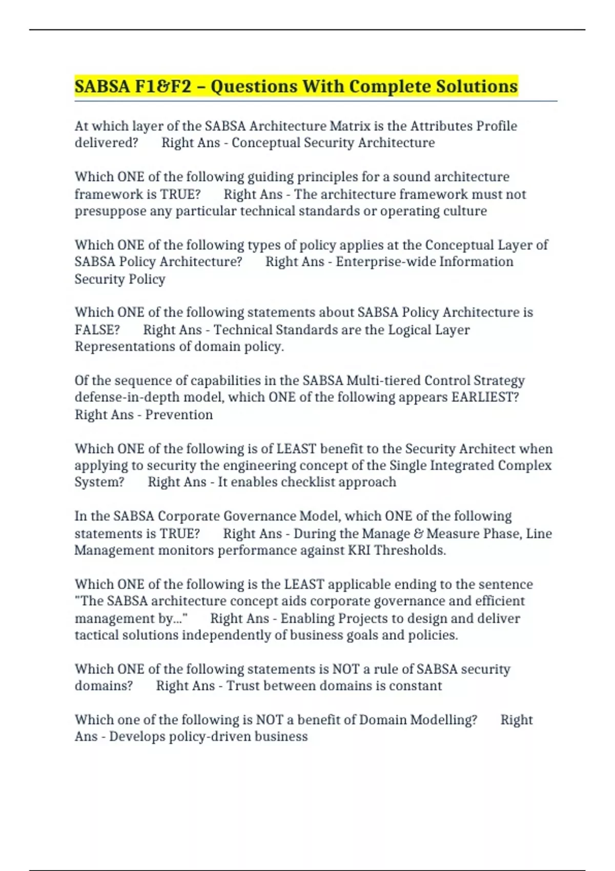 SABSA F1&F2 – Questions With Complete Solutions - SABSA - Stuvia US