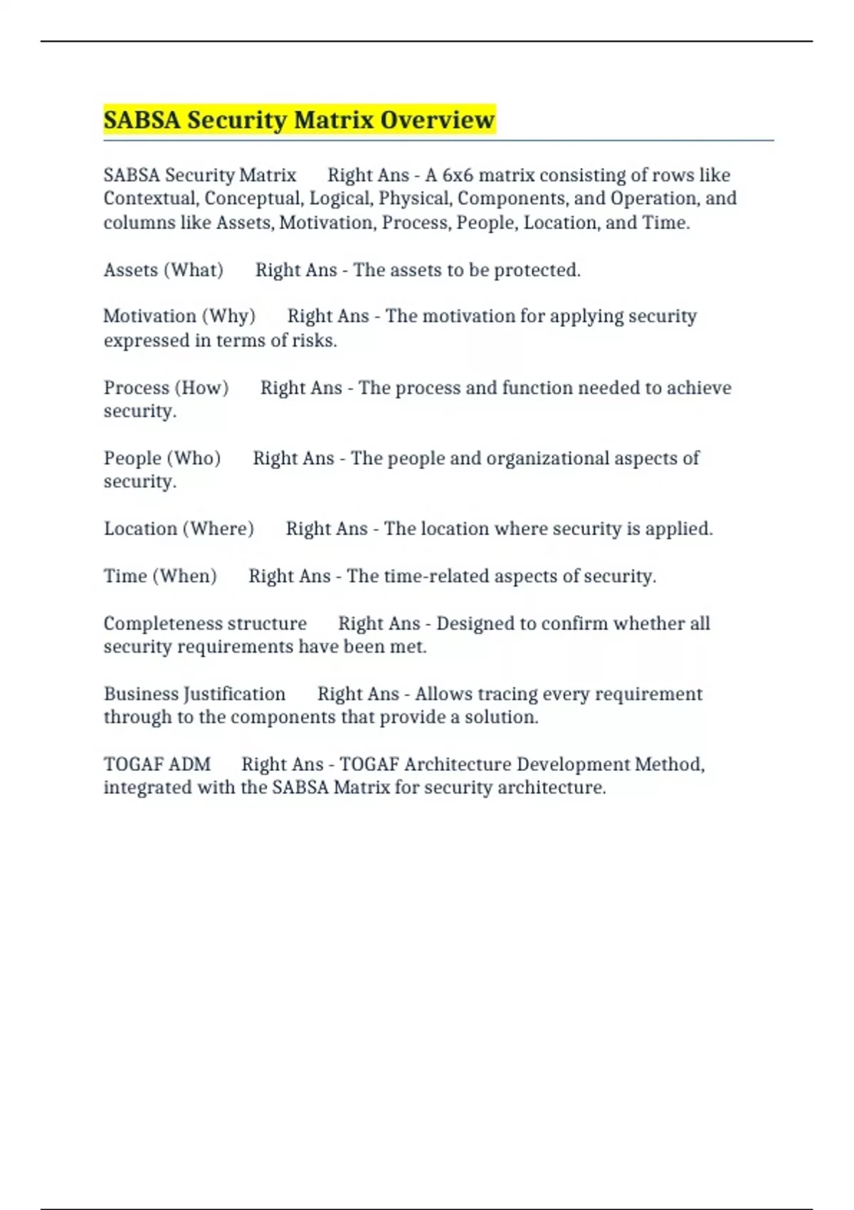 SABSA Security Matrix Overview - SABSA - Stuvia US