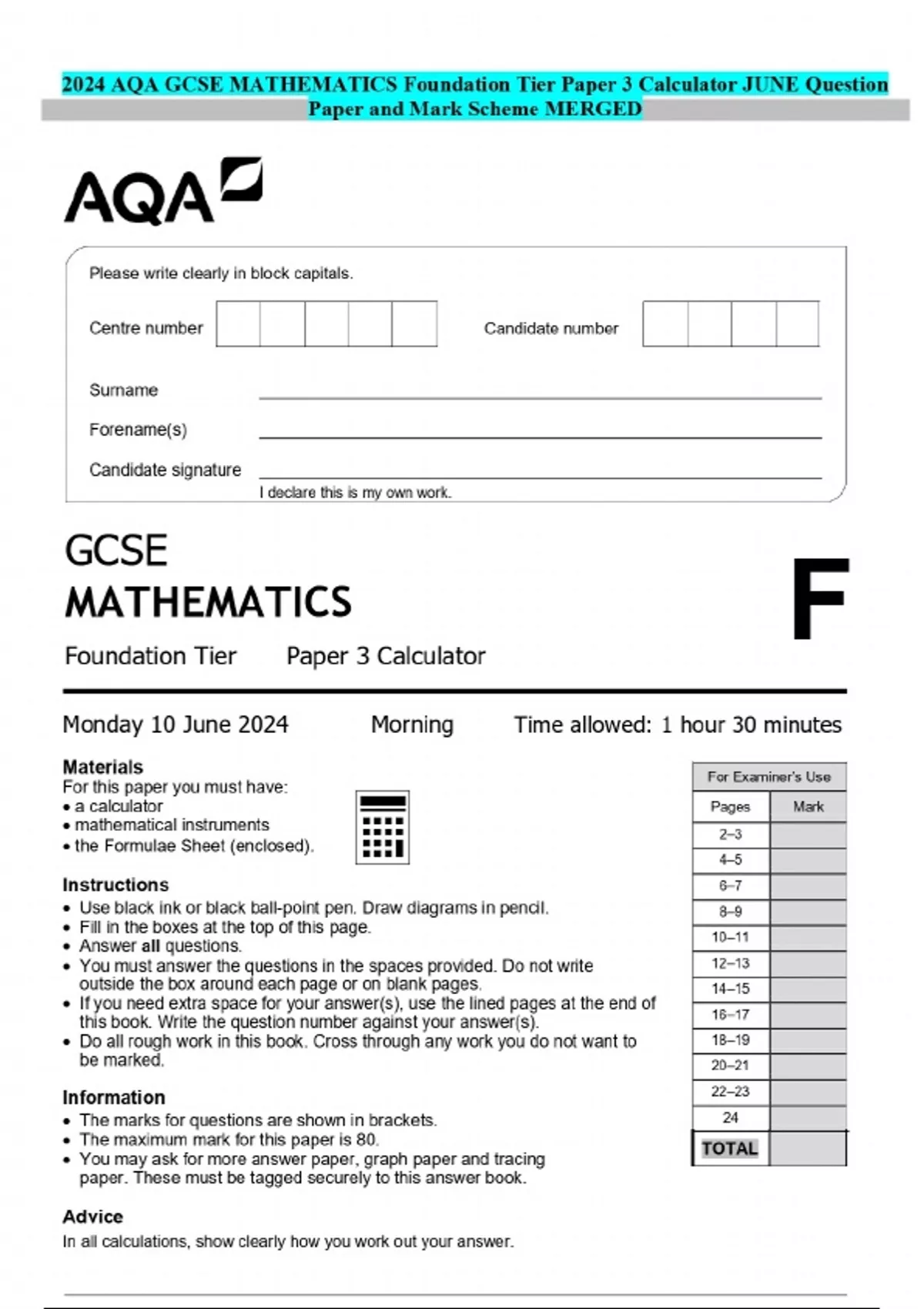 2024 AQA GCSE MATHEMATICS Foundation Tier Paper 3 Calculator JUNE ...