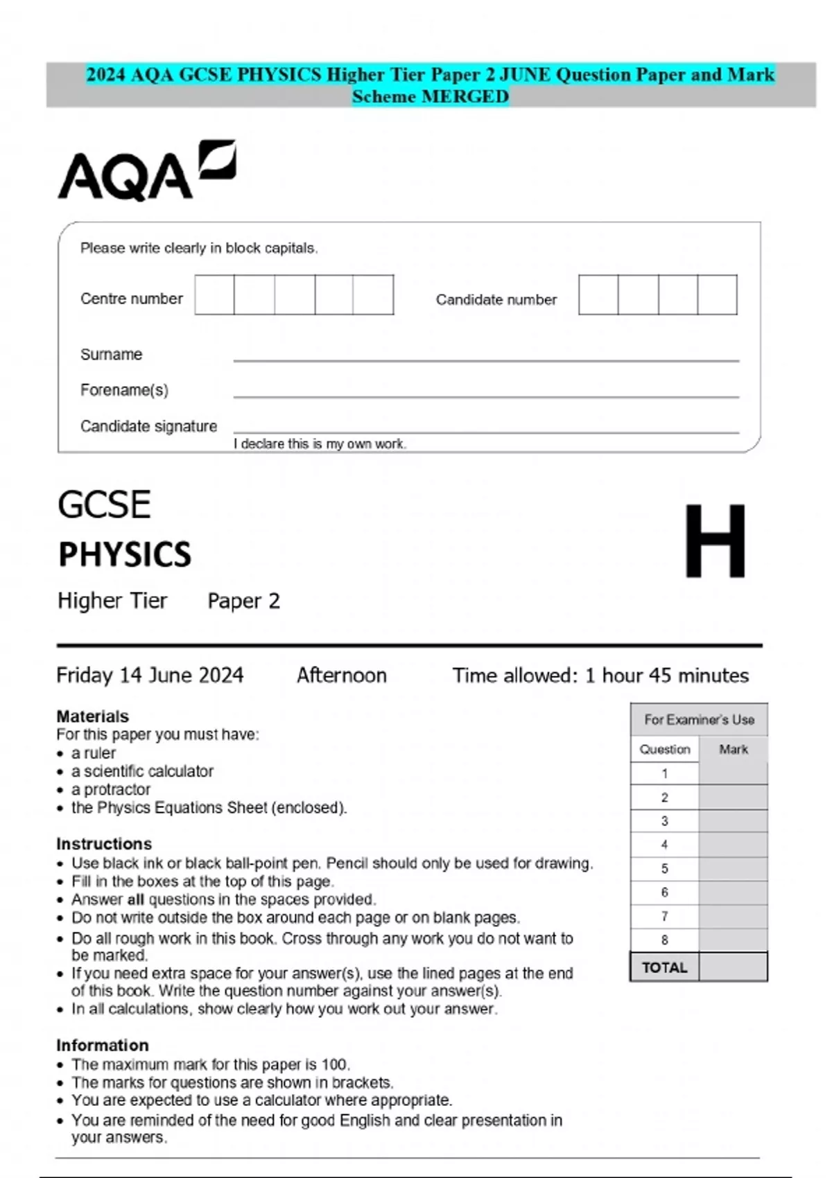 2024 AQA GCSE PHYSICS Higher Tier Paper 2 JUNE Question Paper and Mark ...