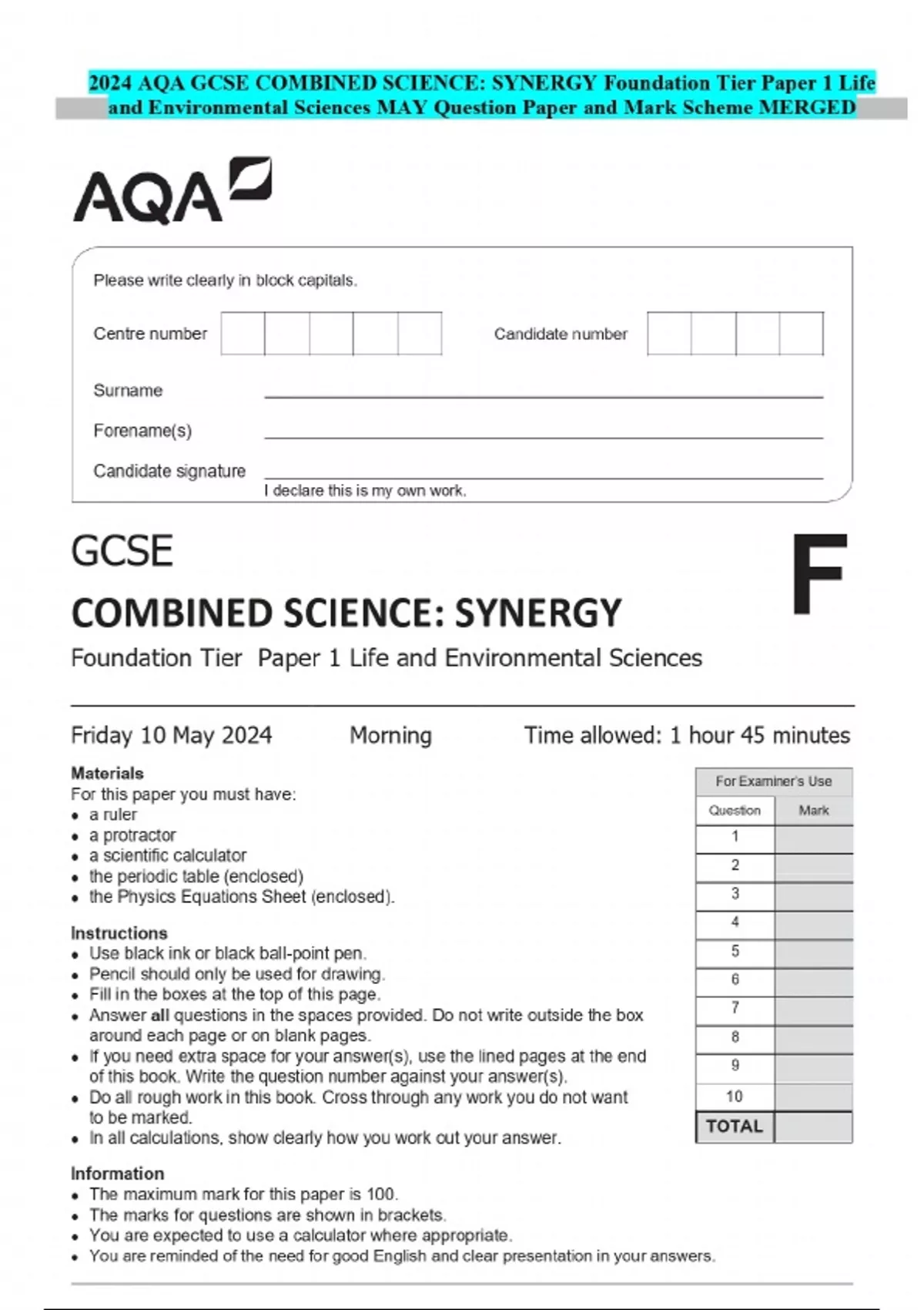 2024 AQA GCSE COMBINED SCIENCE: SYNERGY Foundation Tier Paper 1 Life ...