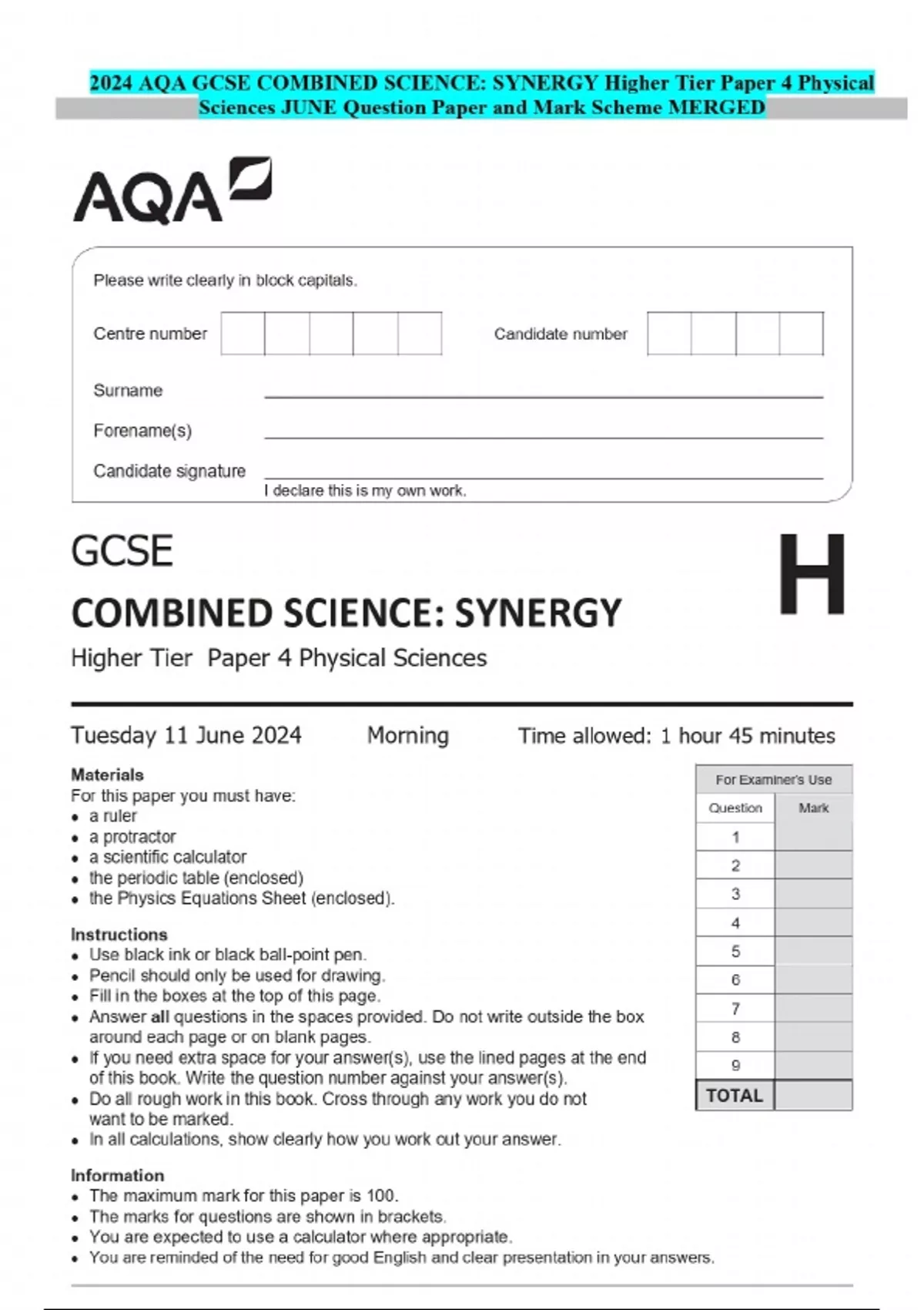 2024 AQA GCSE COMBINED SCIENCE: SYNERGY Higher Tier Paper 4 Physical ...