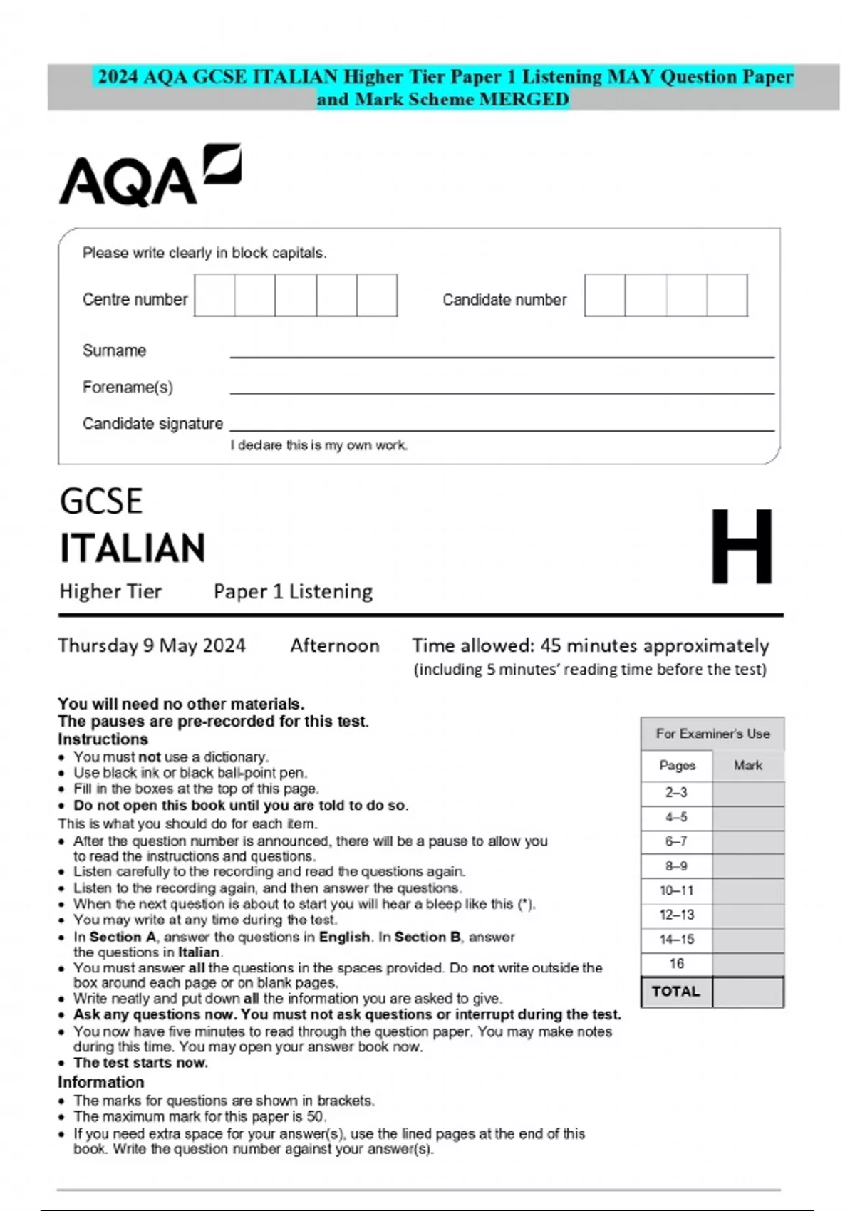 2024 AQA GCSE ITALIAN Higher Tier Paper 1 Listening MAY Question Paper ...