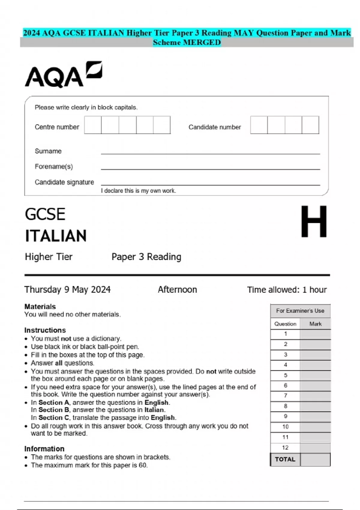 2024 AQA GCSE ITALIAN Higher Tier Paper 3 Reading MAY Question Paper ...