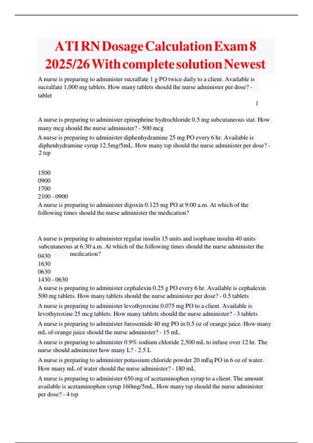 ATI RN Dosage Calculation Exam 8 2025/26 With complete solution Newest ...