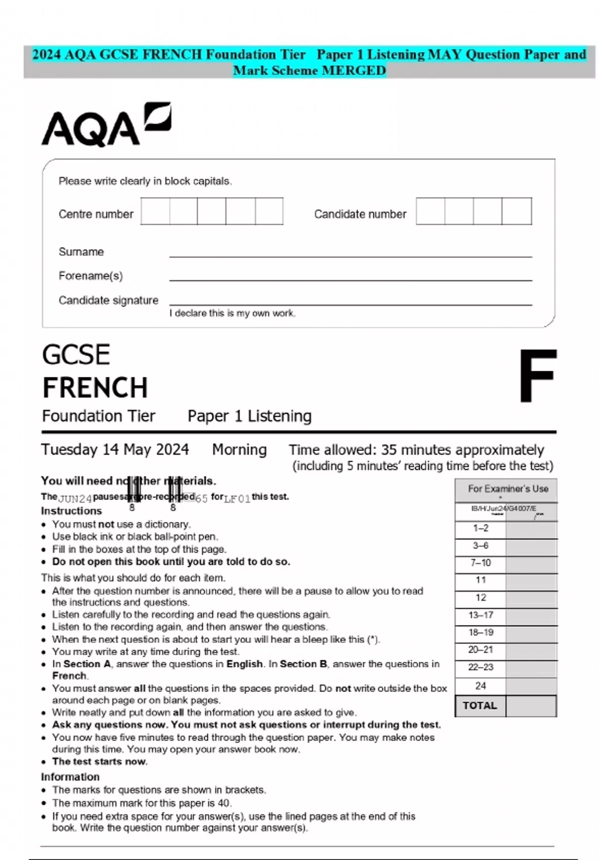 EXAMS BUNDLE::::2024 AQA GCSE FRENCH Foundation Tier | Question Papers ...