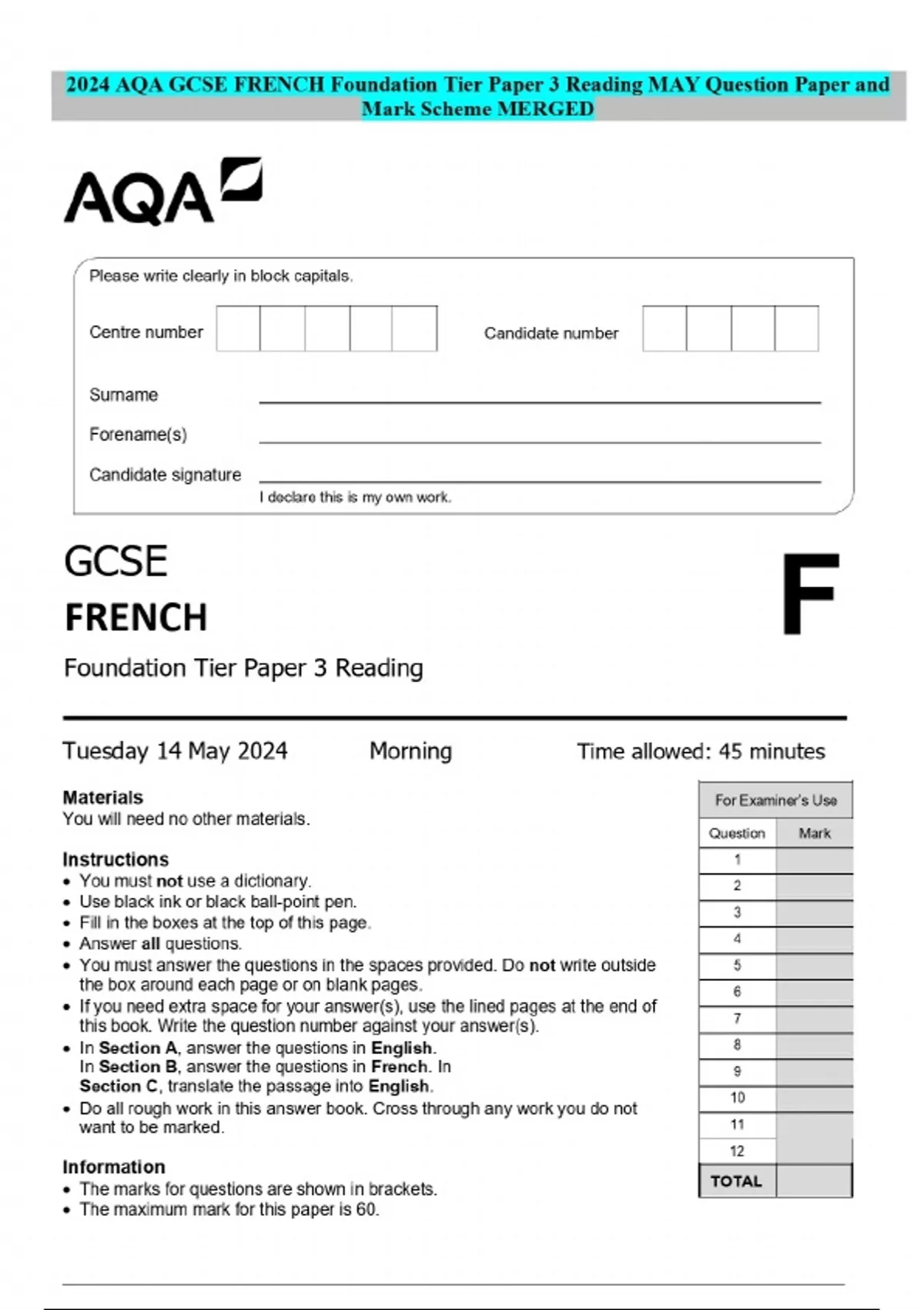 2024 AQA GCSE FRENCH Foundation Tier Paper 3 Reading MAY Question Paper ...