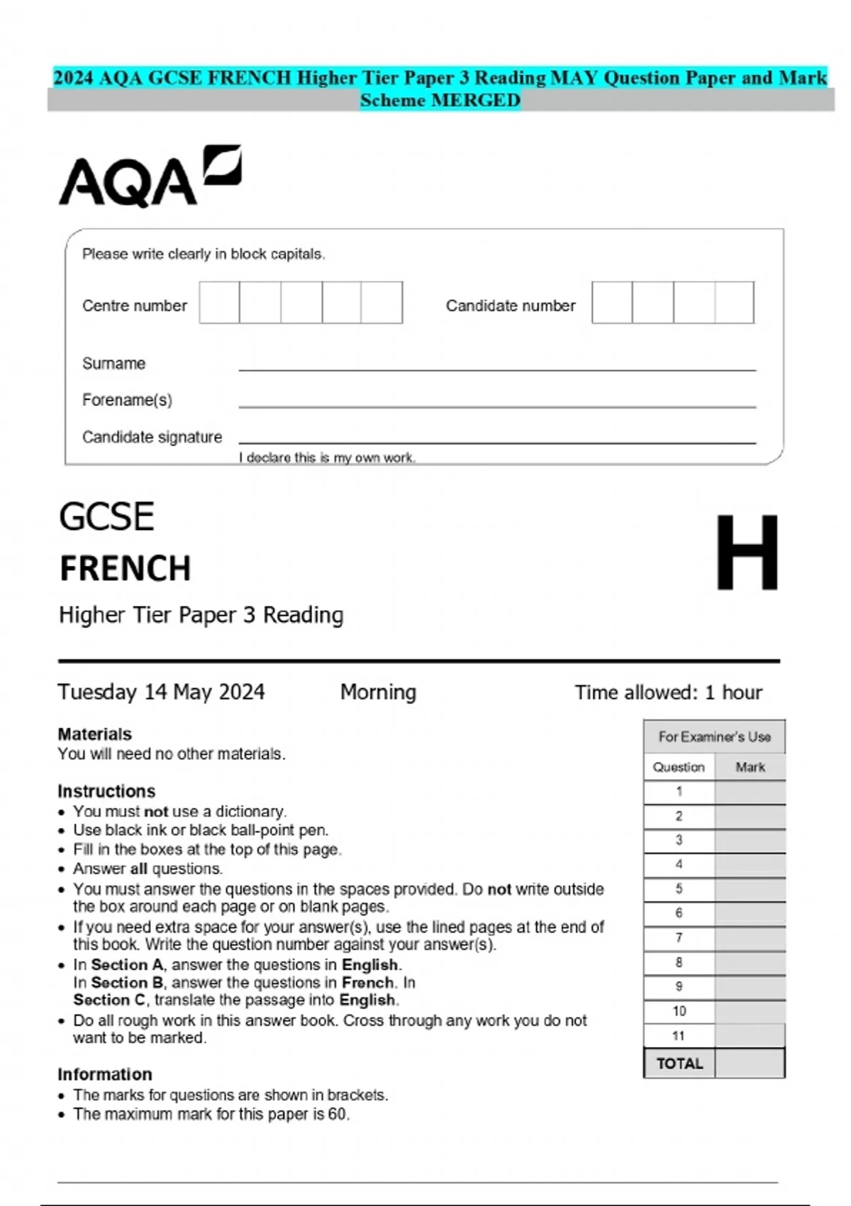 2024 AQA GCSE FRENCH Higher Tier Paper 3 Reading MAY Question Paper and ...