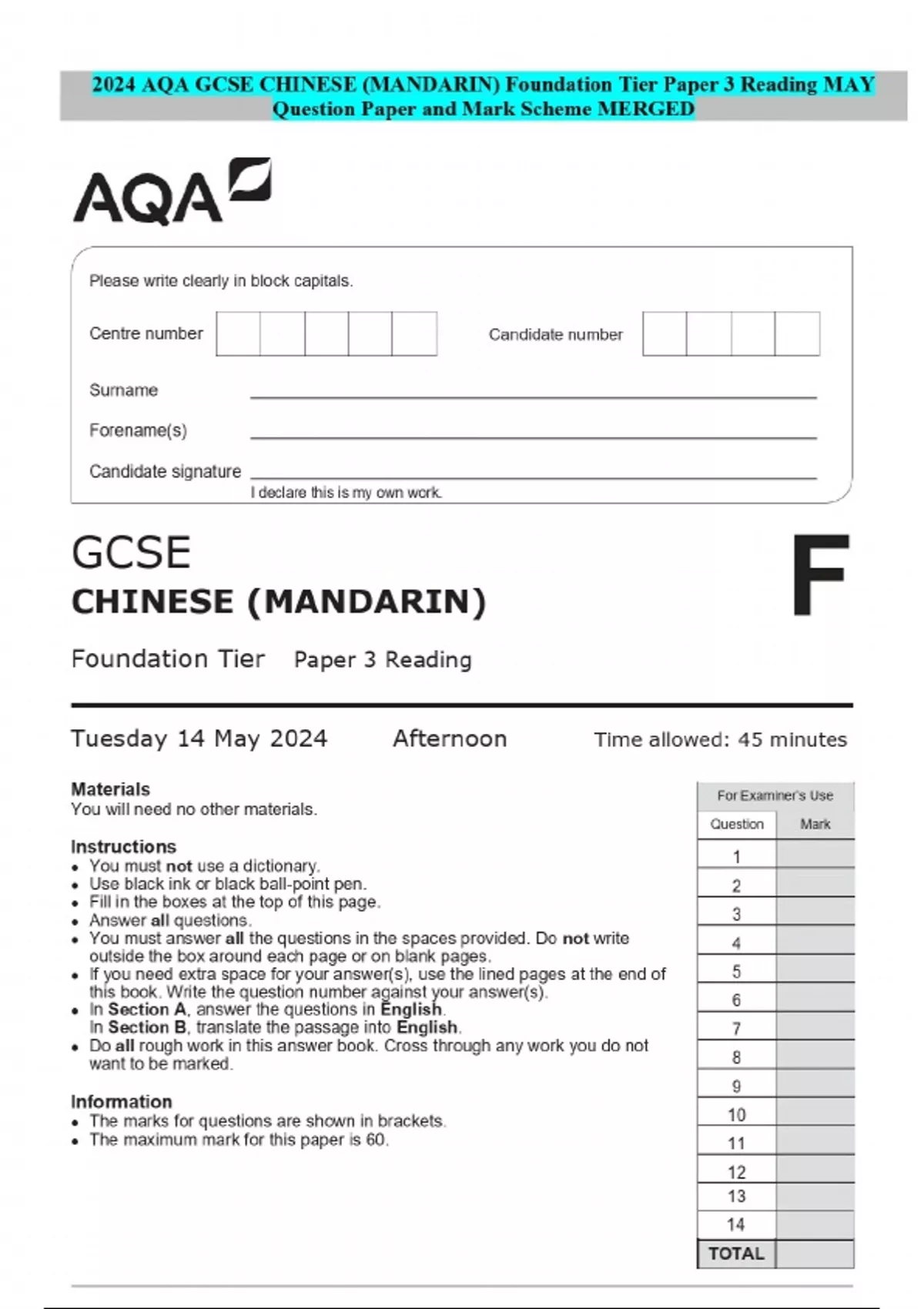 2024 AQA GCSE CHINESE (MANDARIN) Foundation Tier Paper 3 Reading MAY ...