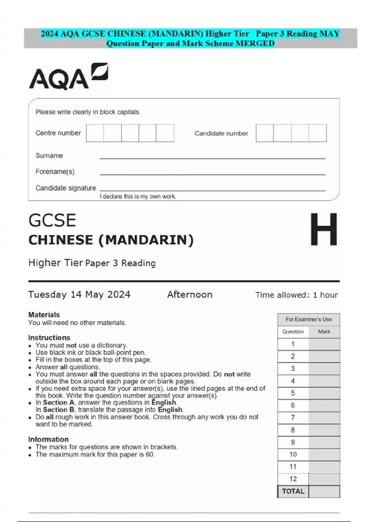 2024 AQA GCSE CHINESE (MANDARIN) Higher Tier Paper 3 Reading MAY ...