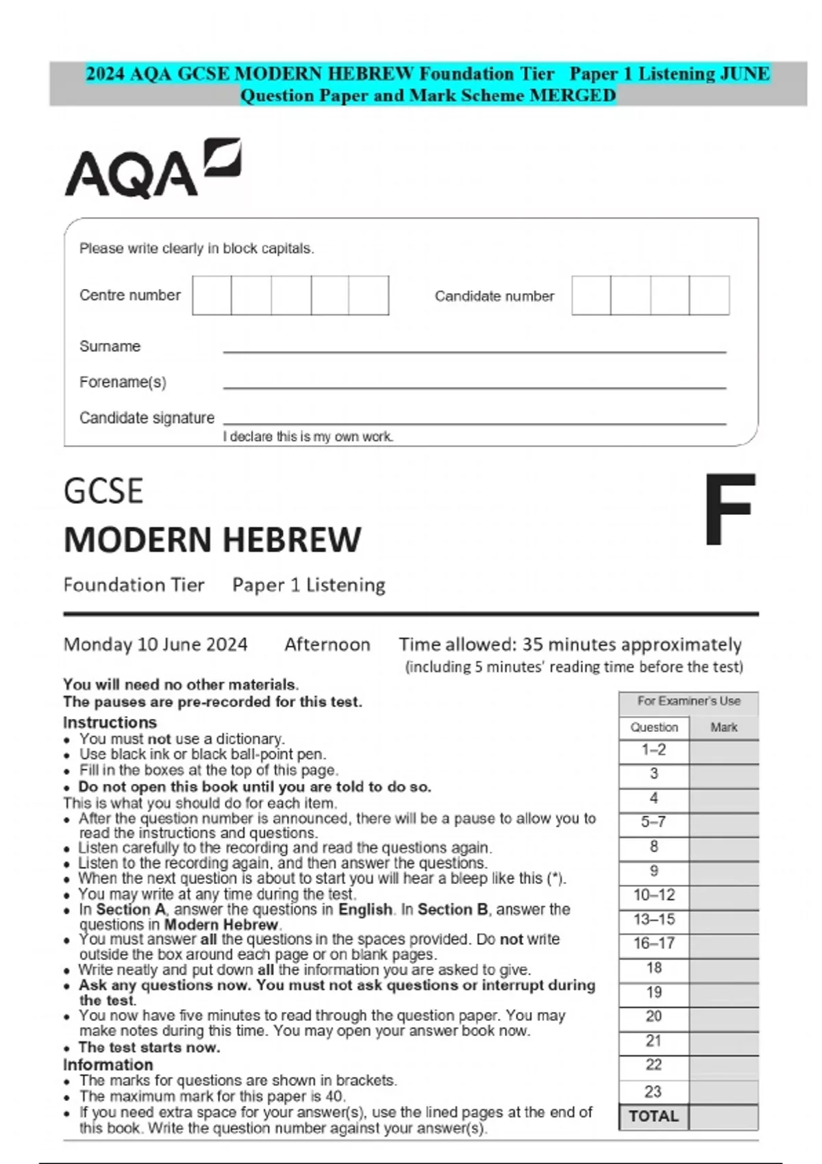 2024 AQA GCSE MODERN HEBREW Foundation Tier Paper 1 Listening JUNE ...