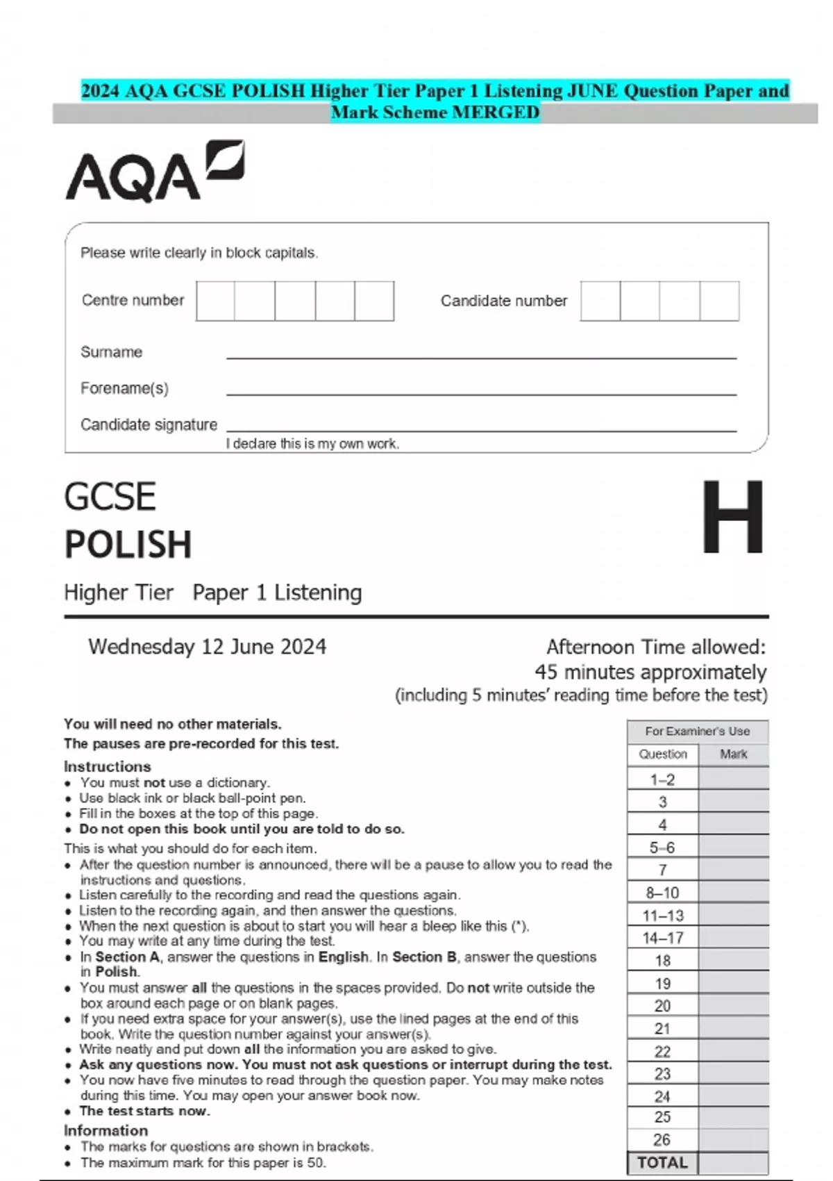 2024 AQA GCSE POLISH Higher Tier Paper 1 Listening JUNE Question Paper ...