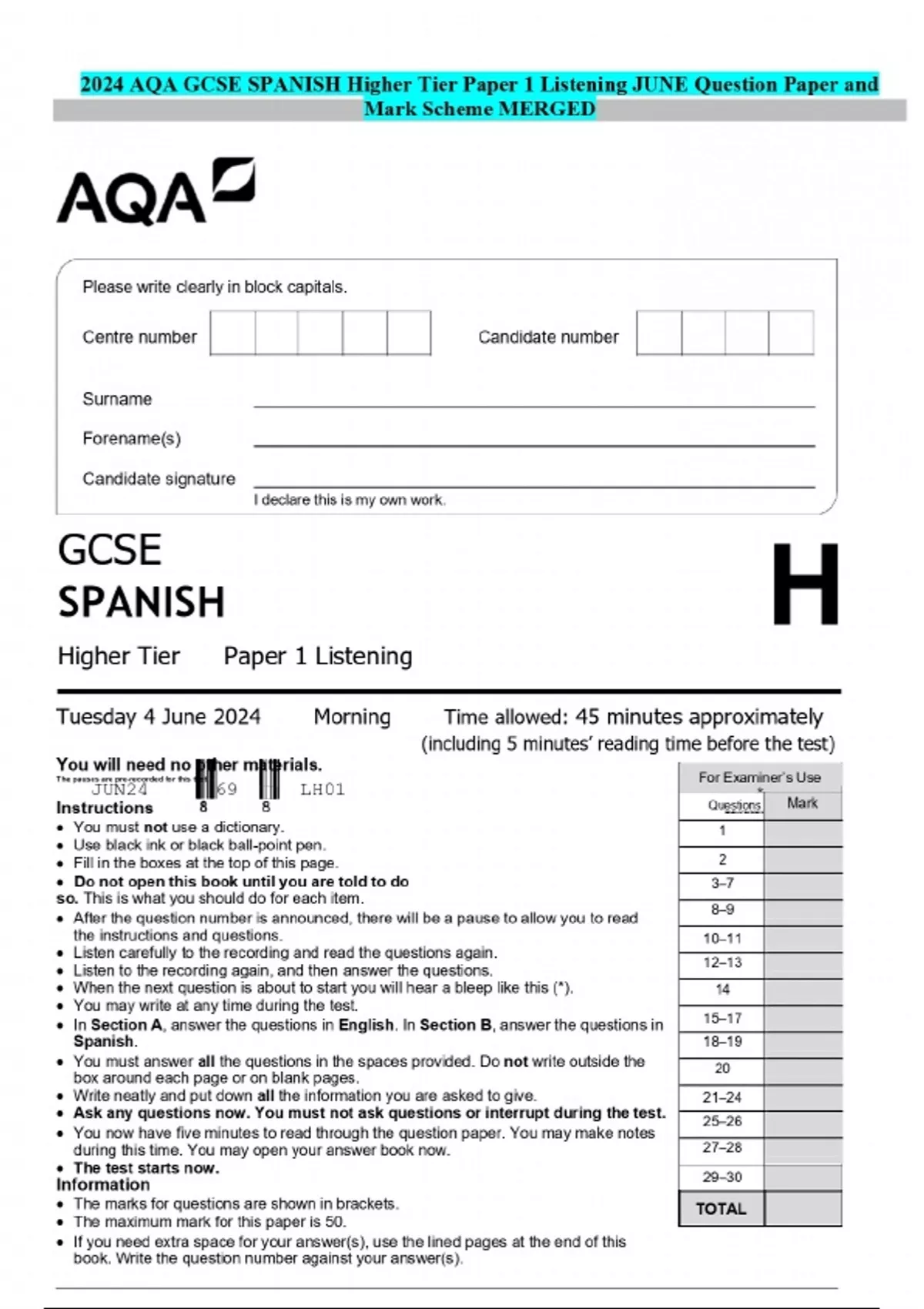EXAMS BUNDLE:::2024 AQA GCSE SPANISH Higher Tier |Question Papers and ...