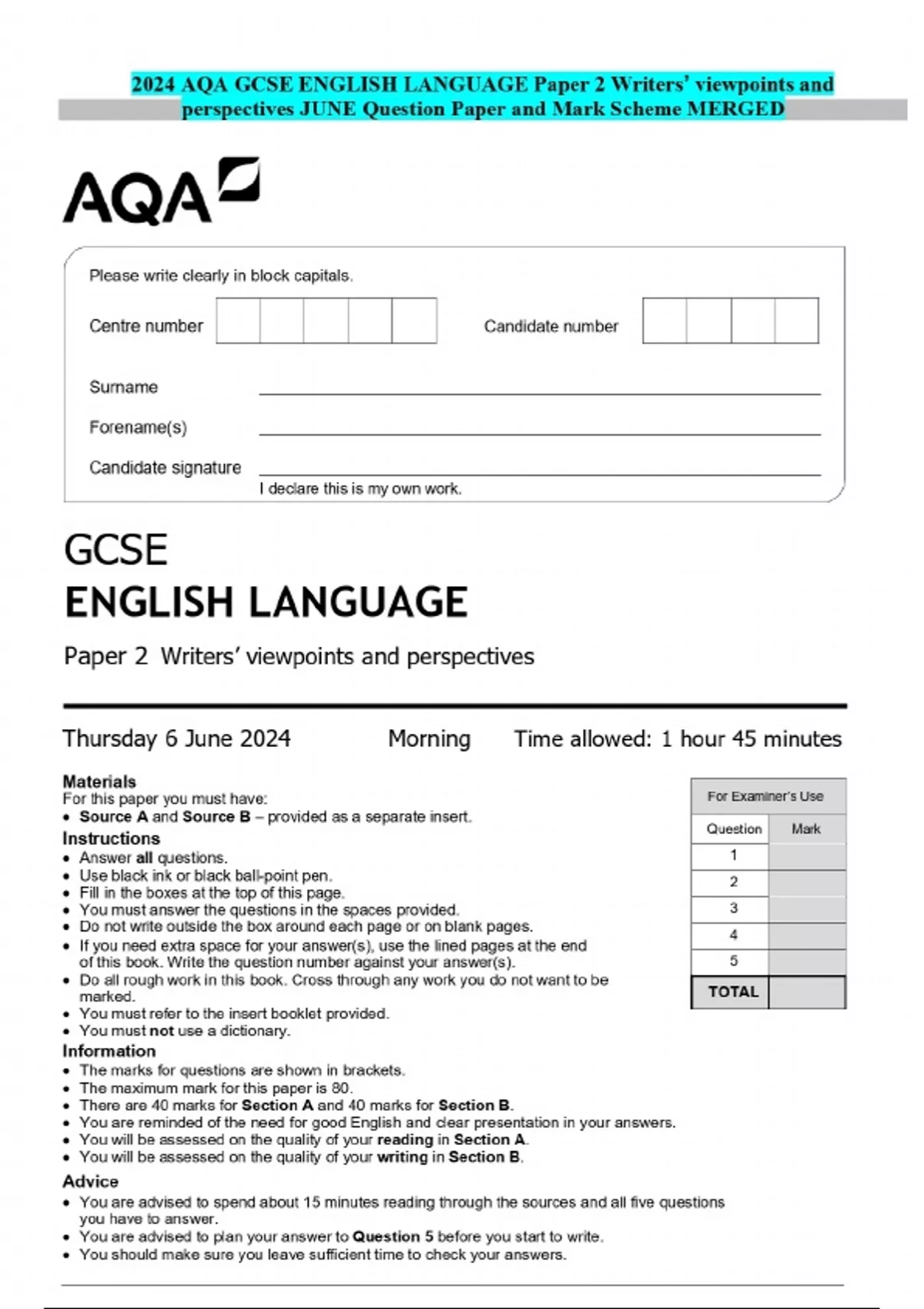 2024 AQA GCSE ENGLISH LANGUAGE Paper 2 Writers’ viewpoints and ...