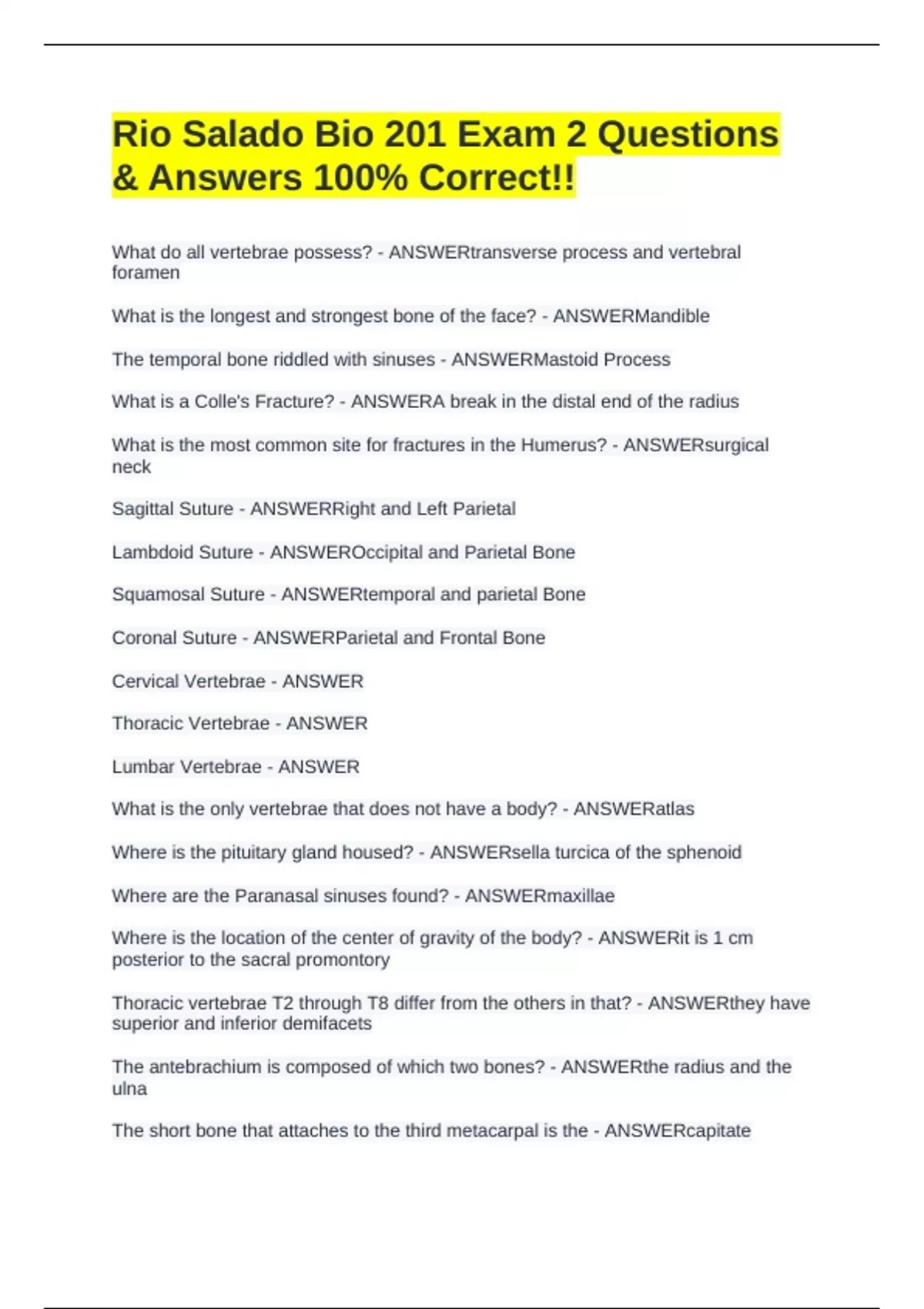 Rio Salado Bio 201 Exam 2 Questions & Answers 100% Correct!! - Rio Salado Bio 201 - Stuvia US