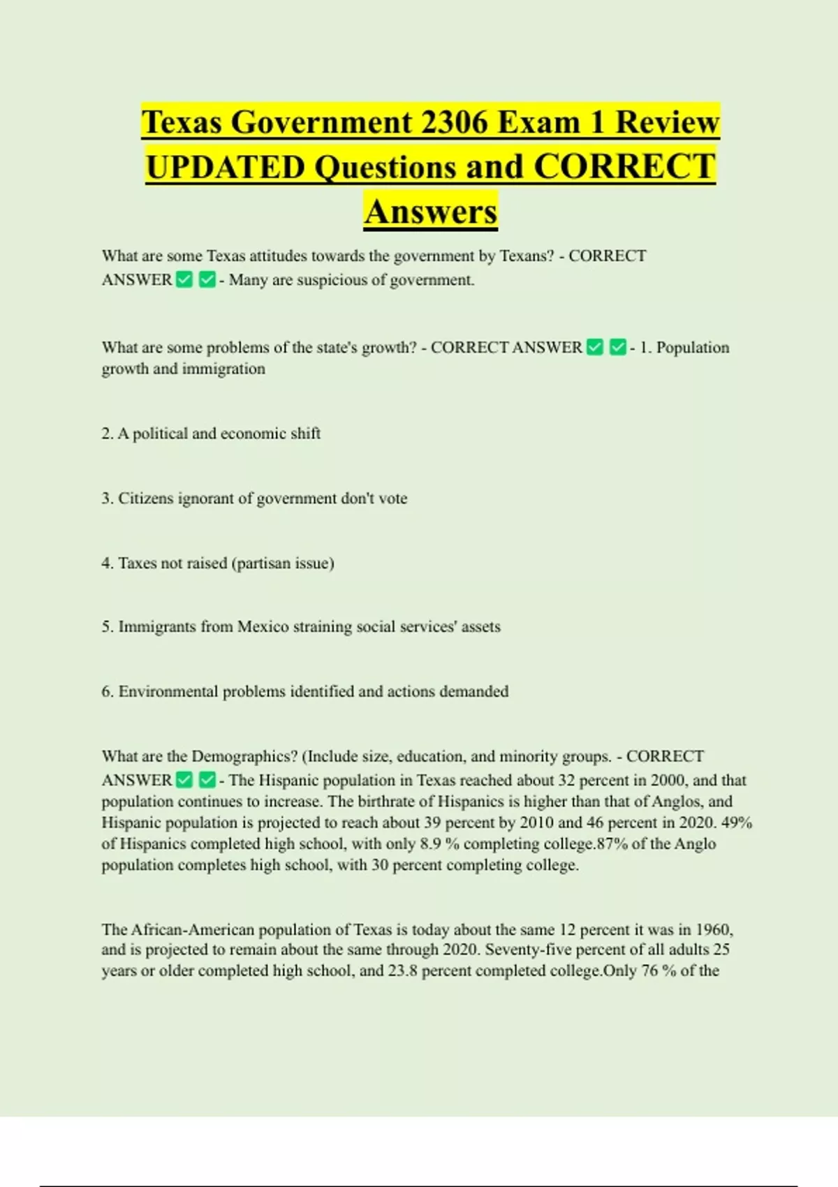 Texas Government 2306 Exam 1 Review UPDATED Questions and CORRECT ...