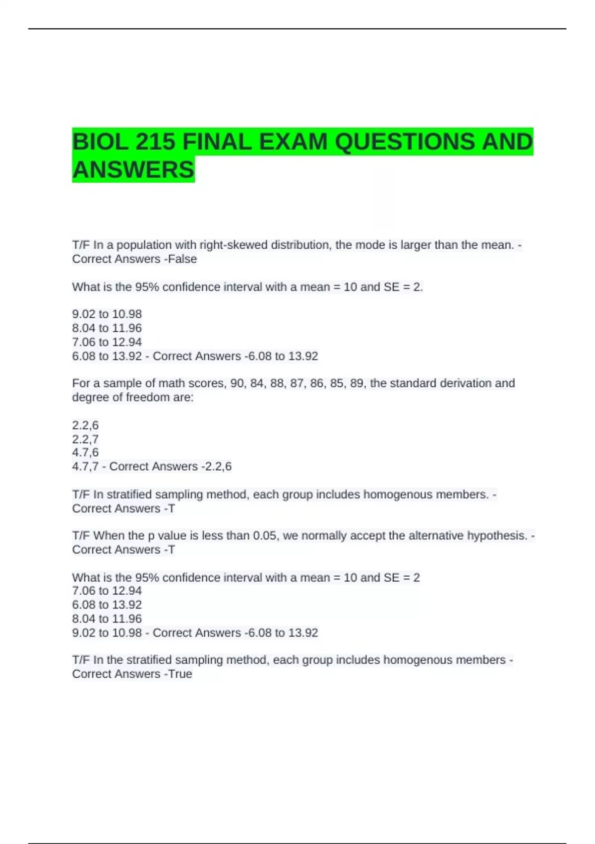 BIOL 215 FINAL EXAM QUESTIONS AND ANSWERS - Bio 215 - Stuvia US