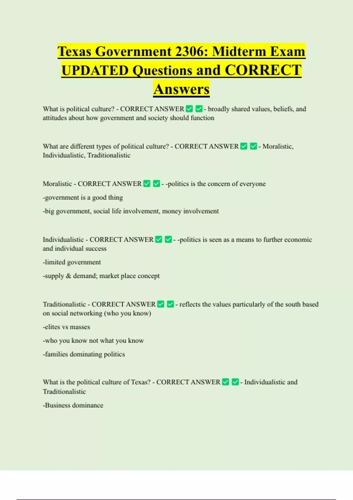 Texas Government 2306: Midterm Exam UPDATED Questions and CORRECT ...