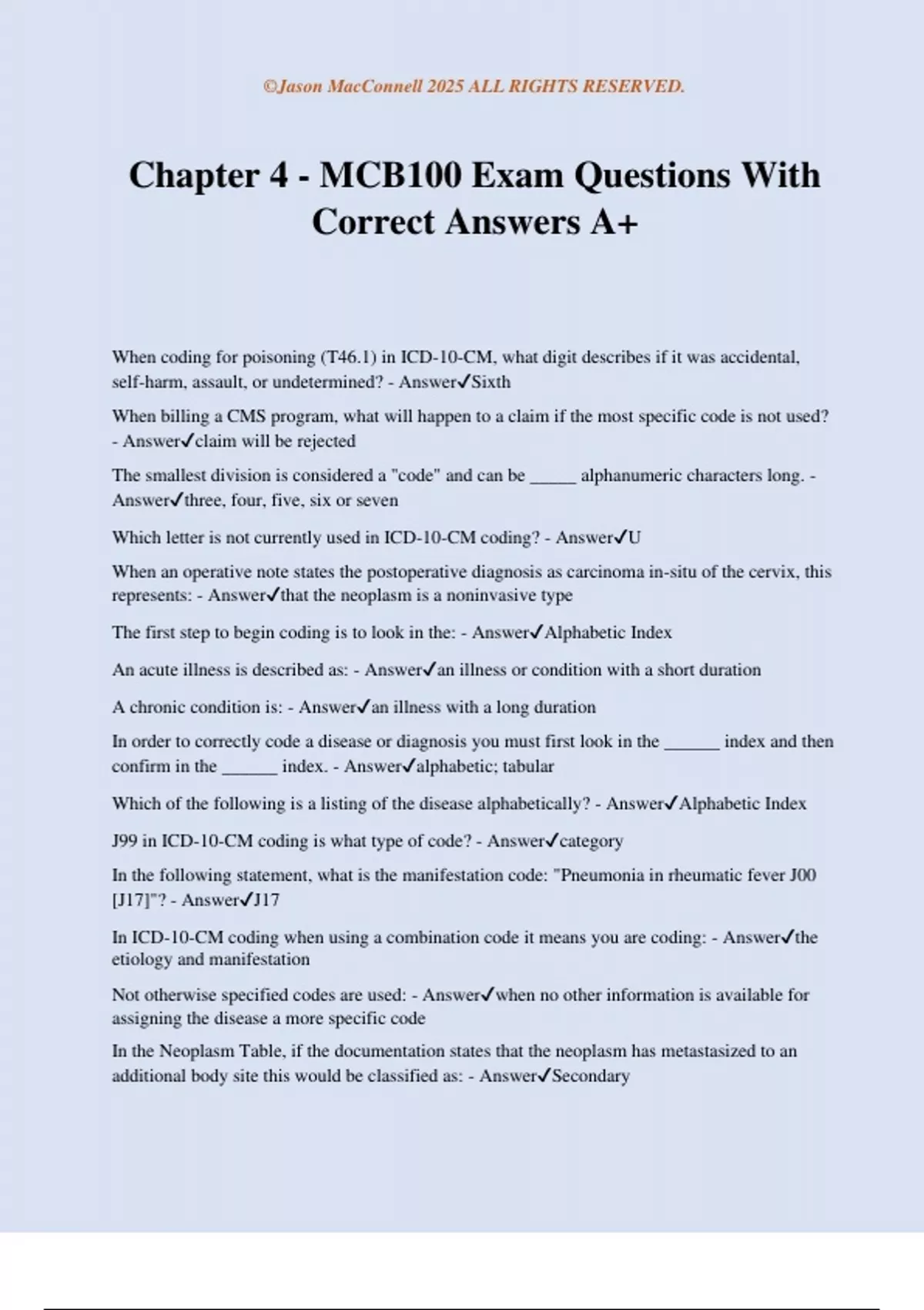 Chapter 4 - MCB100 Exam Questions With Correct Answers A+ - MCB 100 ...