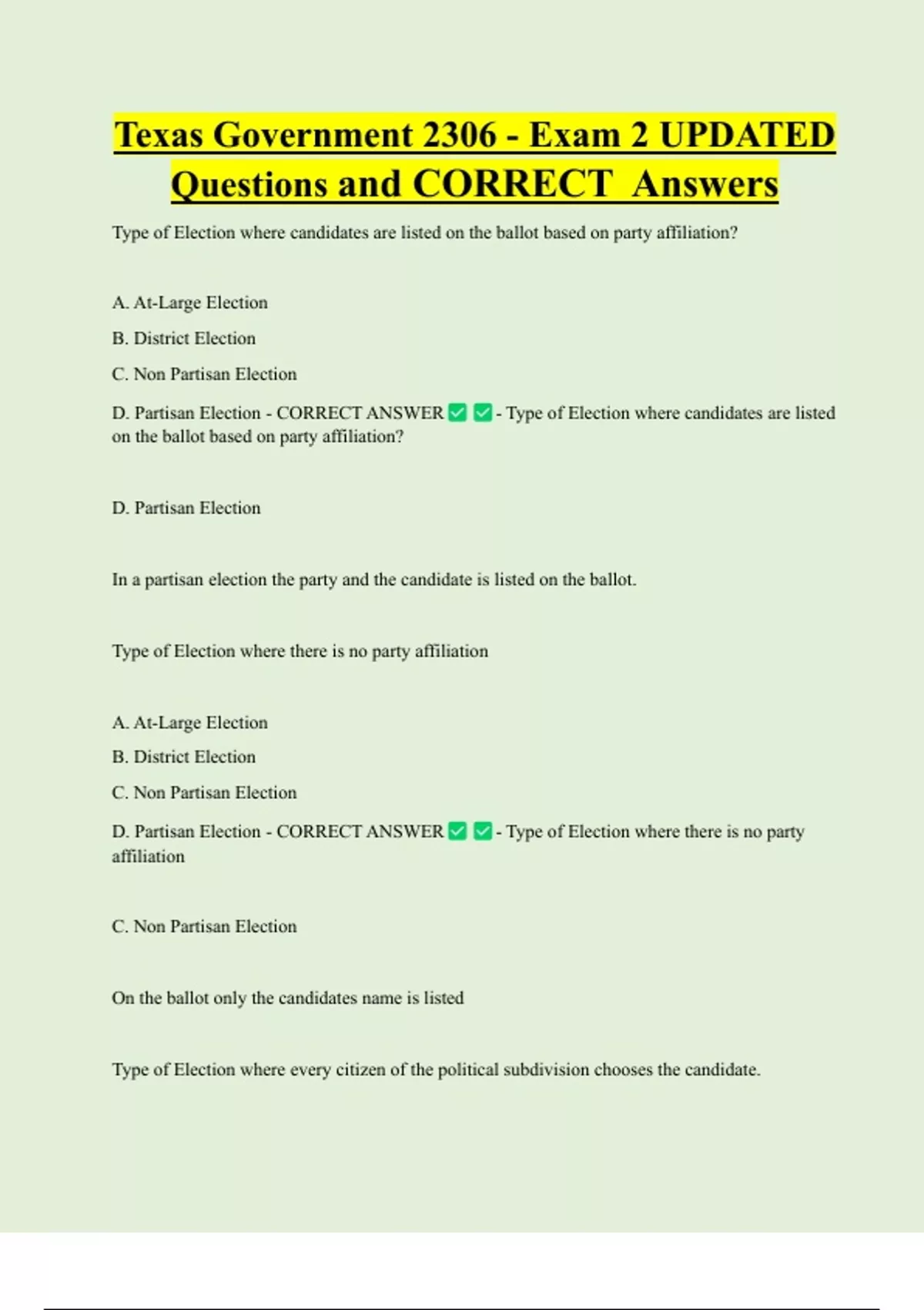Texas Government 2306 - Exam 2 UPDATED Questions and CORRECT Answers ...