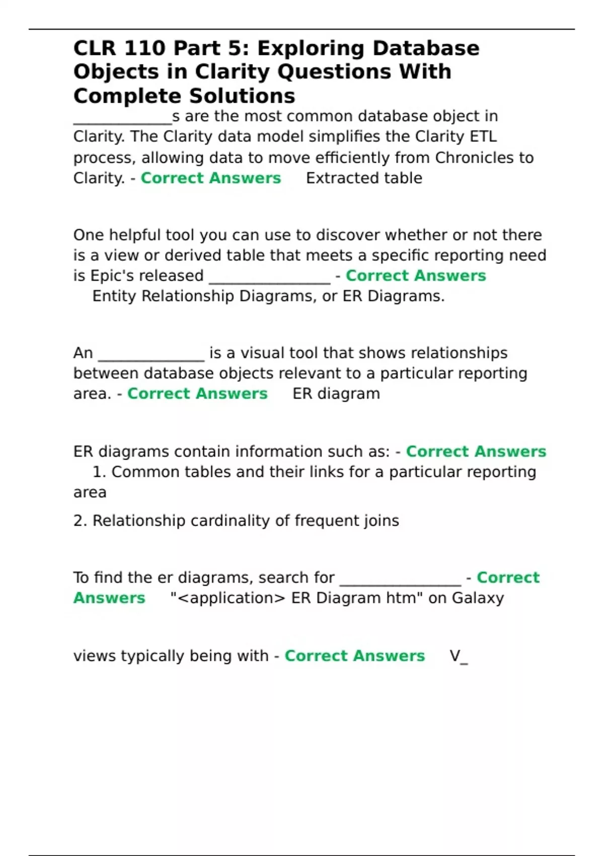 CLR 110 Part 5 Exploring Database Objects in Clarity Questions With Complete Solutions - CLR 110 ...