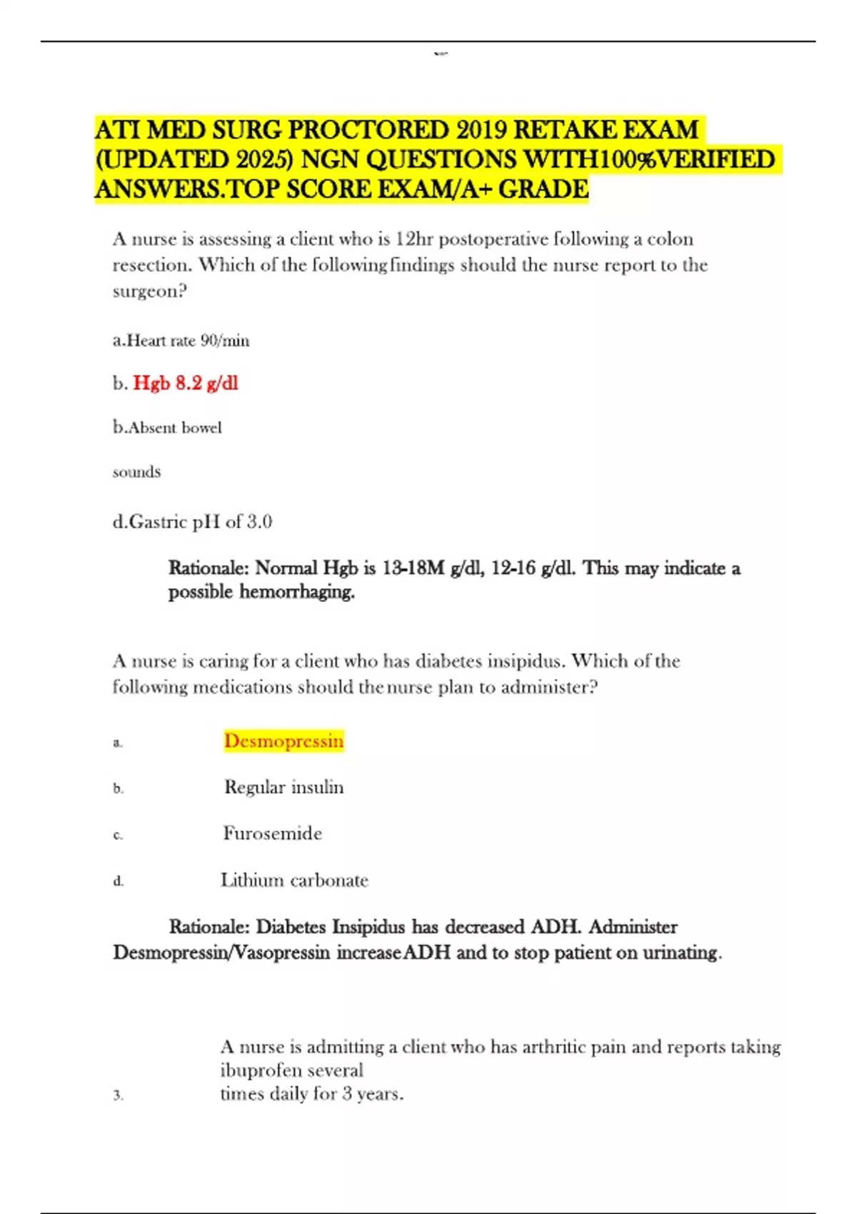 ATI MED SURG PROCTORED 2019 RETAKE EXAM (UPDATED 2025) NGN QUESTIONS ...